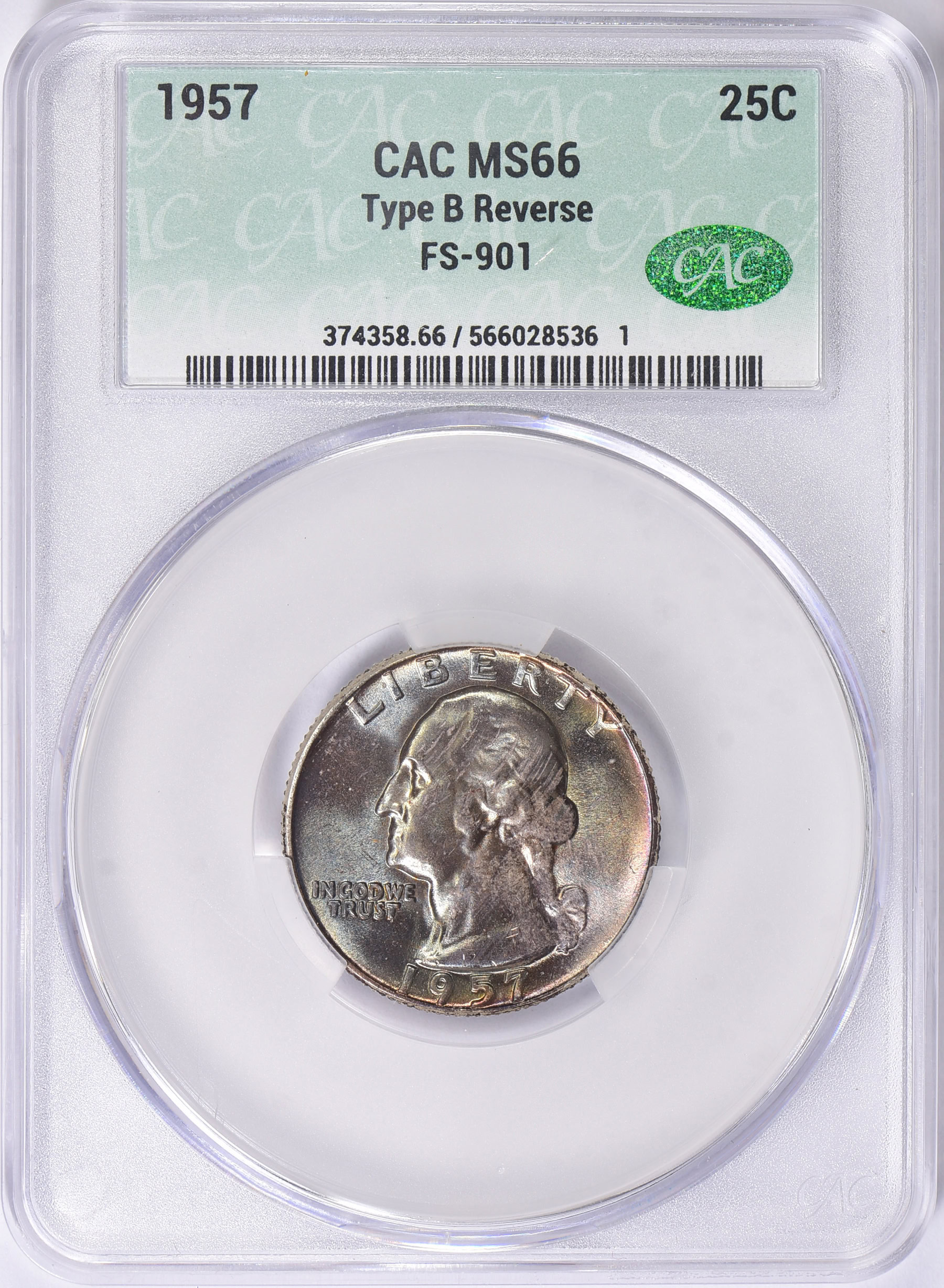 1957 Washington Quarter Type B Reverse FS-901 CACG MS-66 (Toned) (Item 1723814 ...
