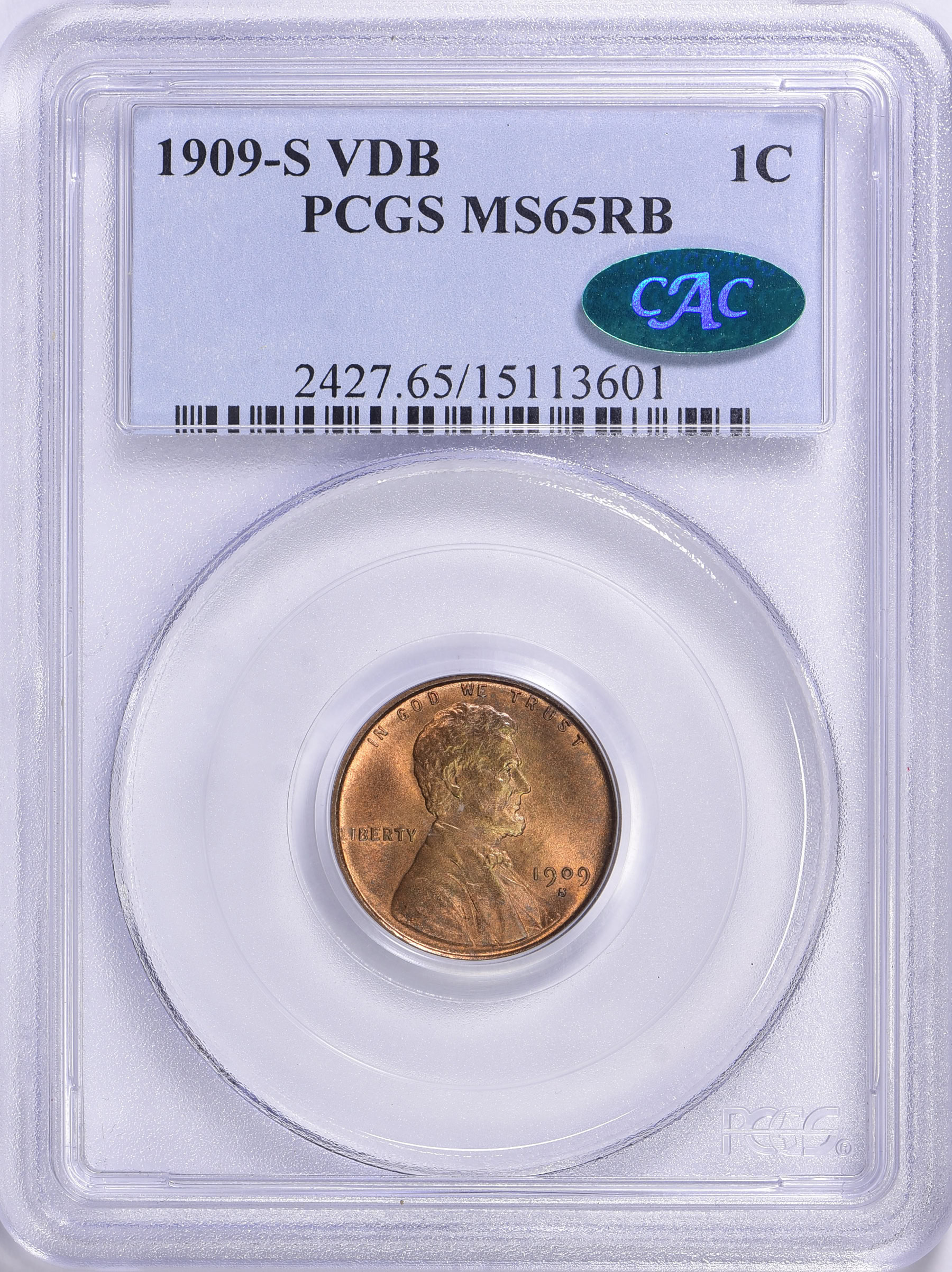 1909-S Lincoln Cent V.D.B. PCGS MS-65 RB (CAC Green) (Item 1723926) | GreatCollections Coin Auctions