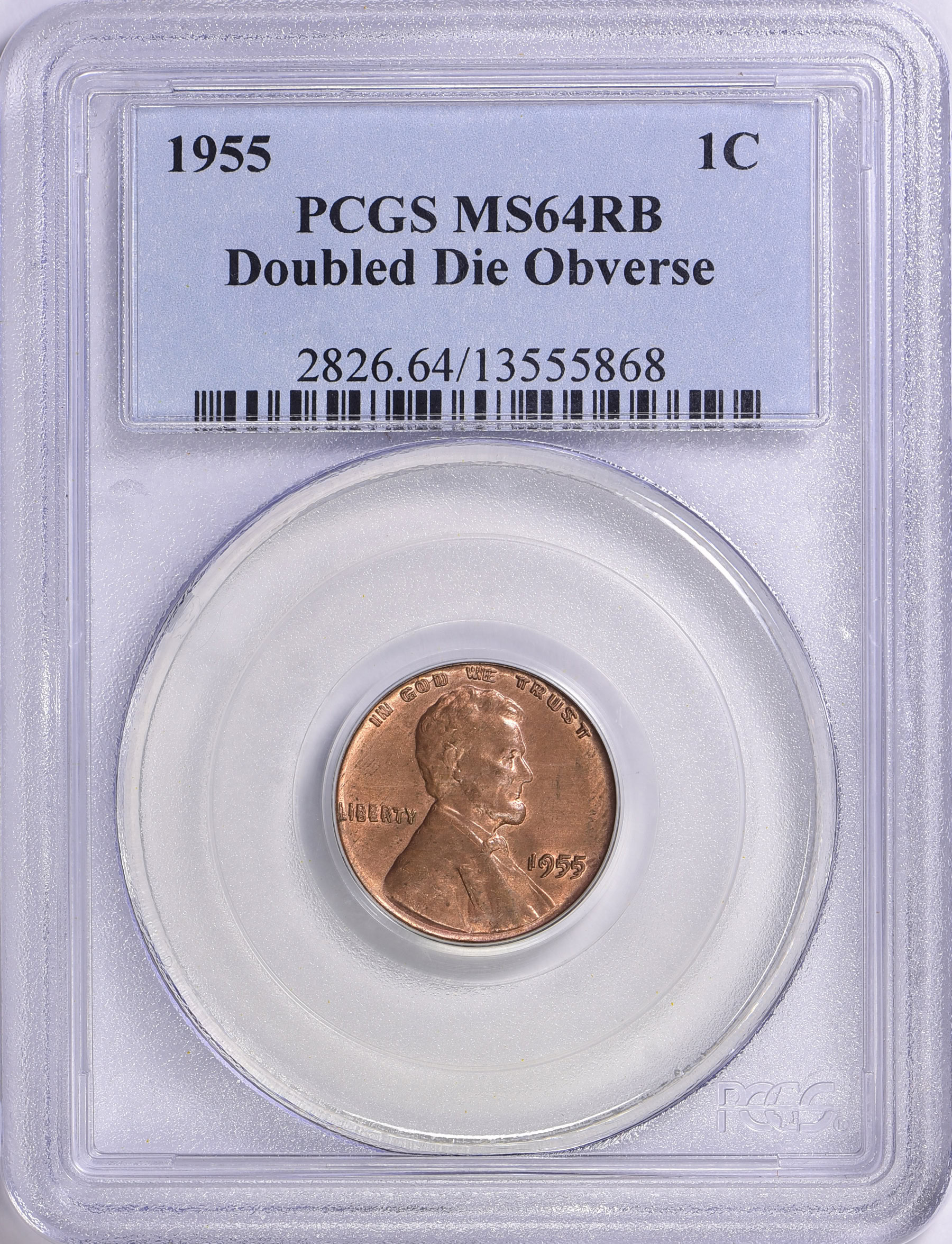 1955 Lincoln Cent Doubled Die Obverse PCGS MS-64 RB (Item 1723929) | GreatCollections Coin Auctions