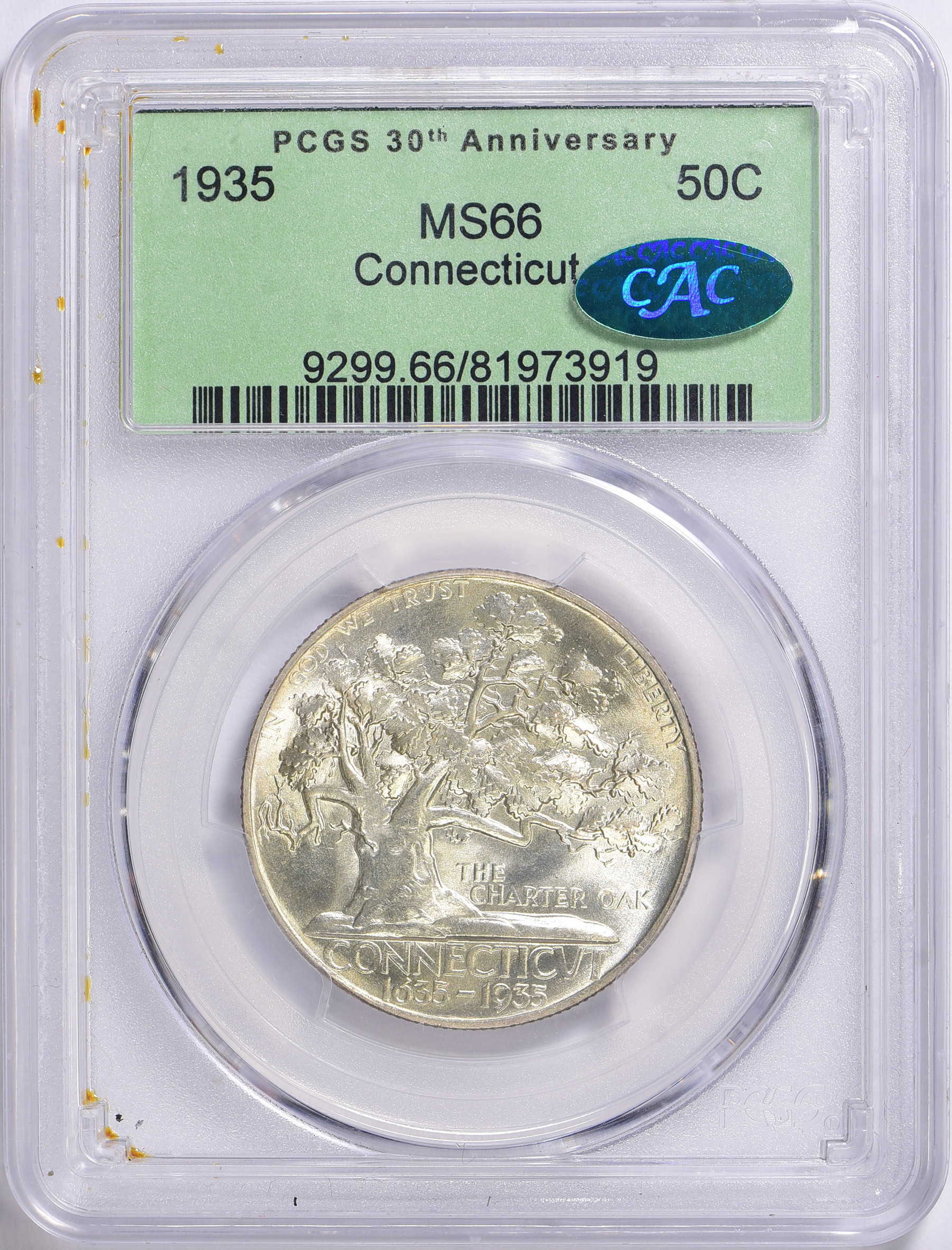 1935 Connecticut Tercentenary Half Dollar PCGS MS-66 (CAC Green) (OGH 30th Anniversary Label ...