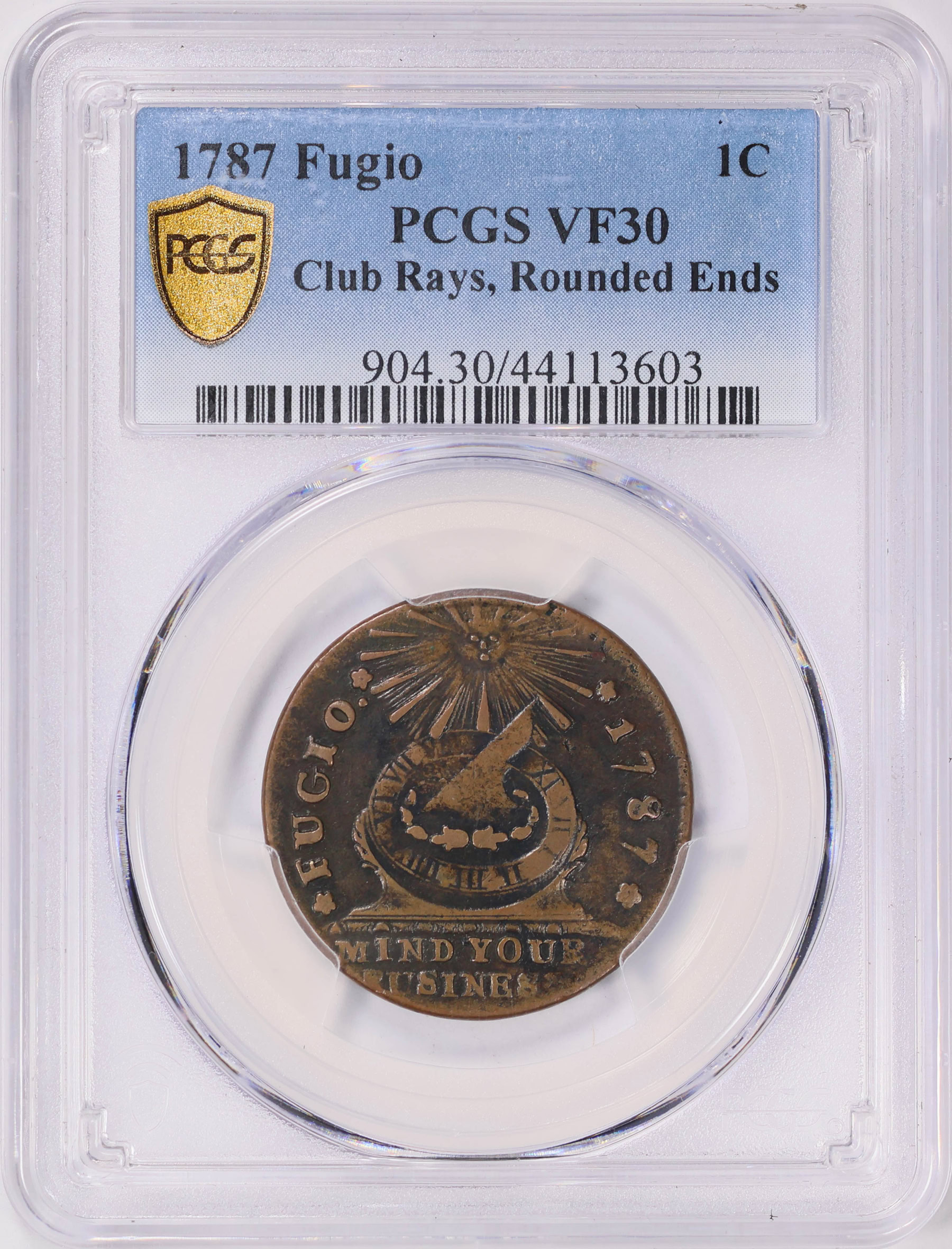 1787 Fugio Cent Club Rays, Rnd Ends PCGS VF-30 BN (Item 1724137 ...