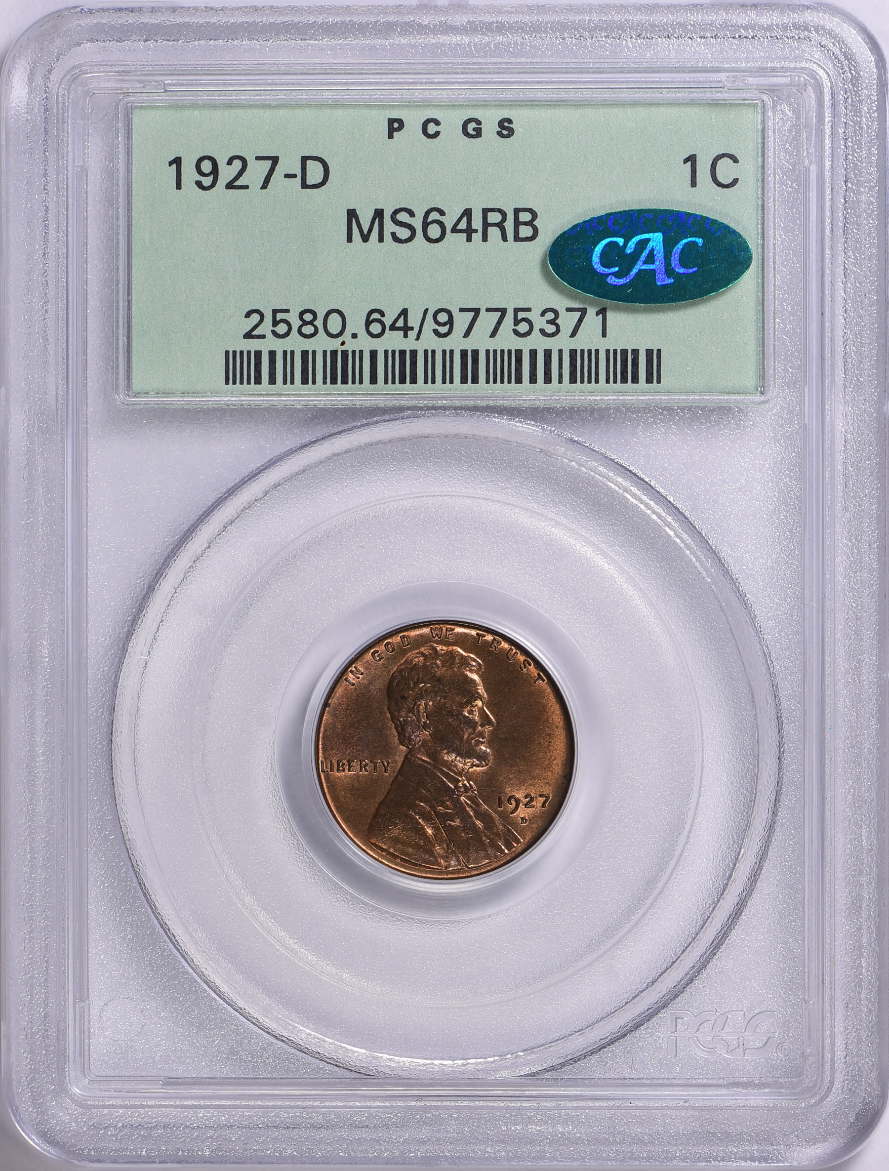 1927-D Lincoln Cent PCGS MS-64 RB (CAC Green) OGH (Item 1724195 ...