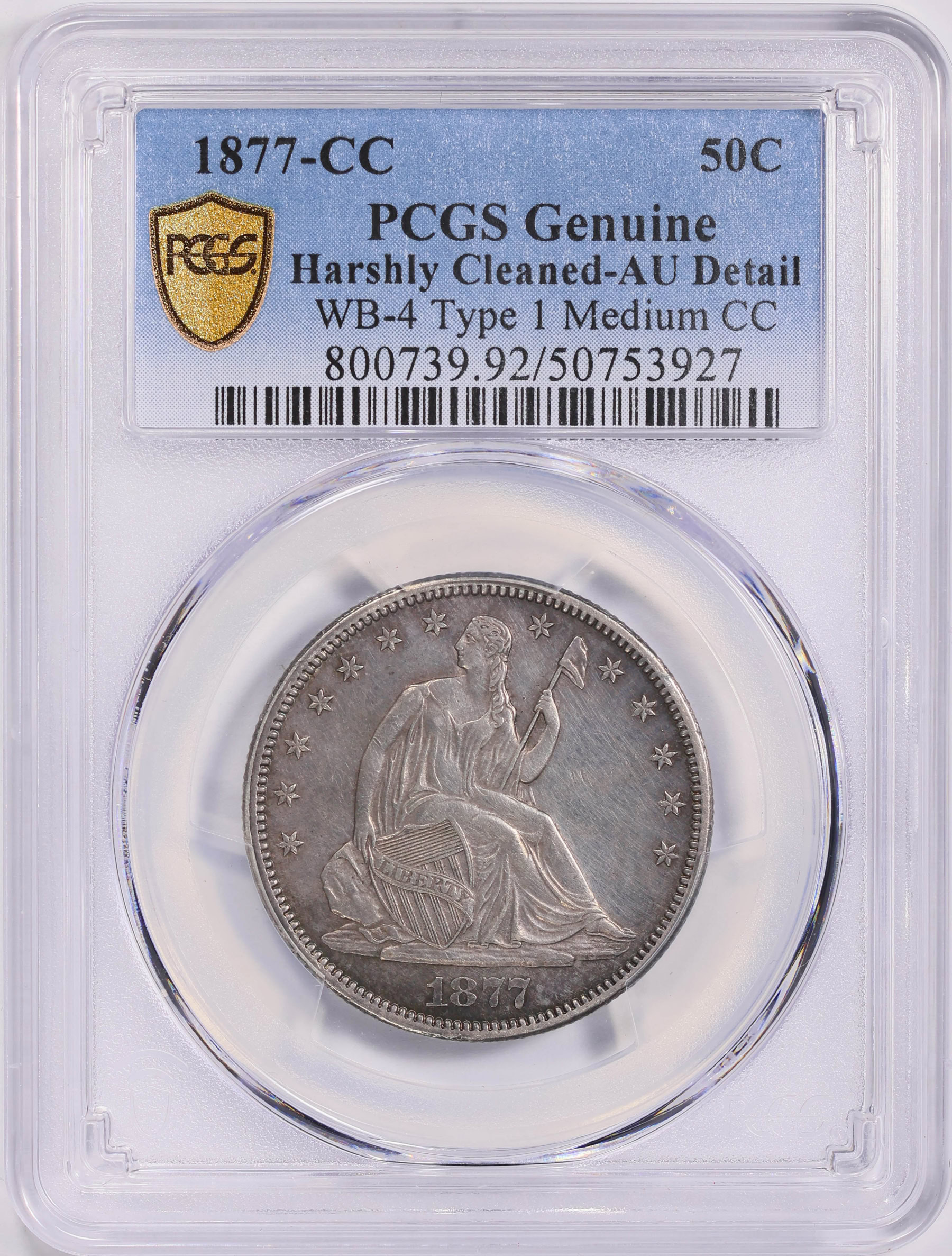 1877-CC Seated Liberty Half Dollar Type 1, Medium CC WB-4 PCGS Genuine AU Details (Item 1724255 ...