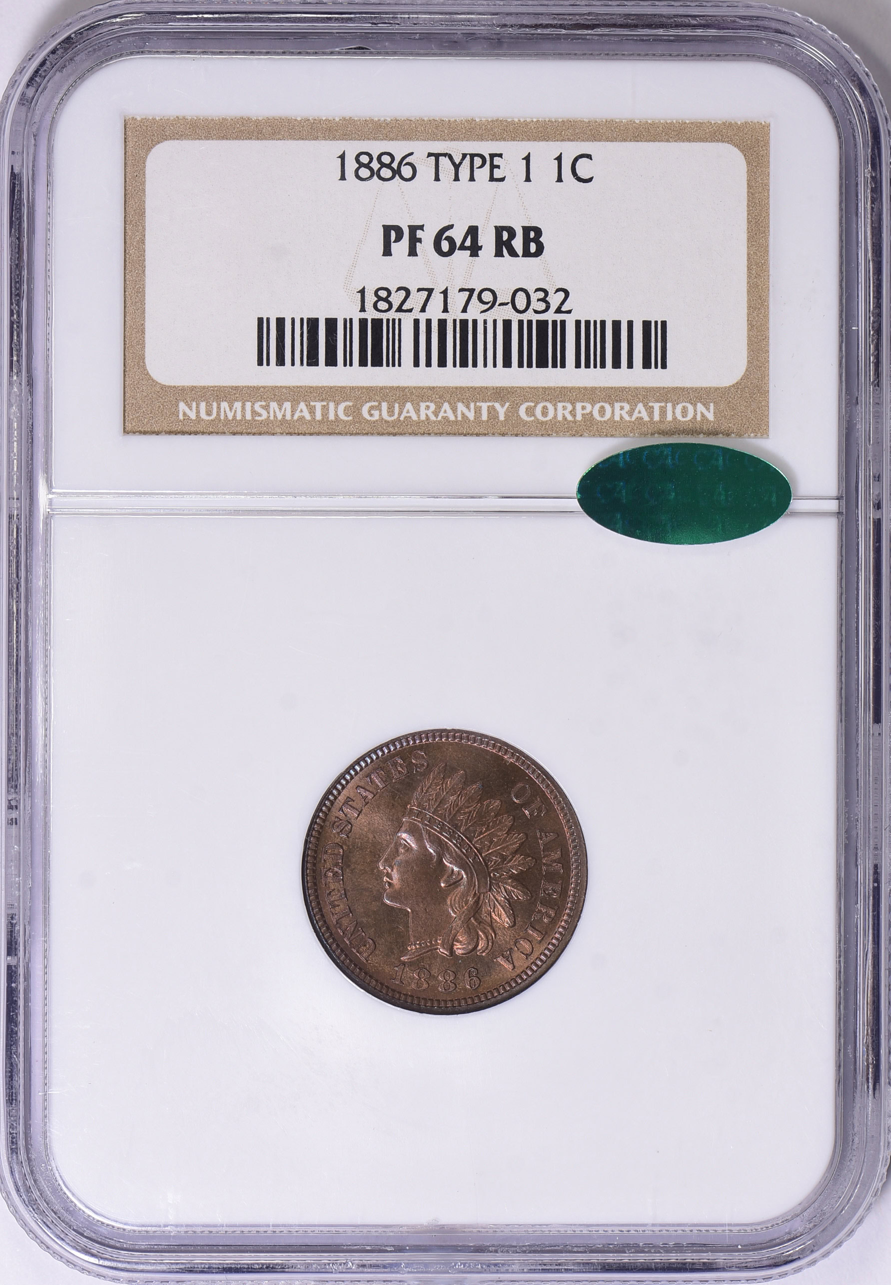 1886 Indian Cent Variety 1 NGC Proof-64 RB (CAC Green) (Toned) (Item 1724294) | GreatCollections ...