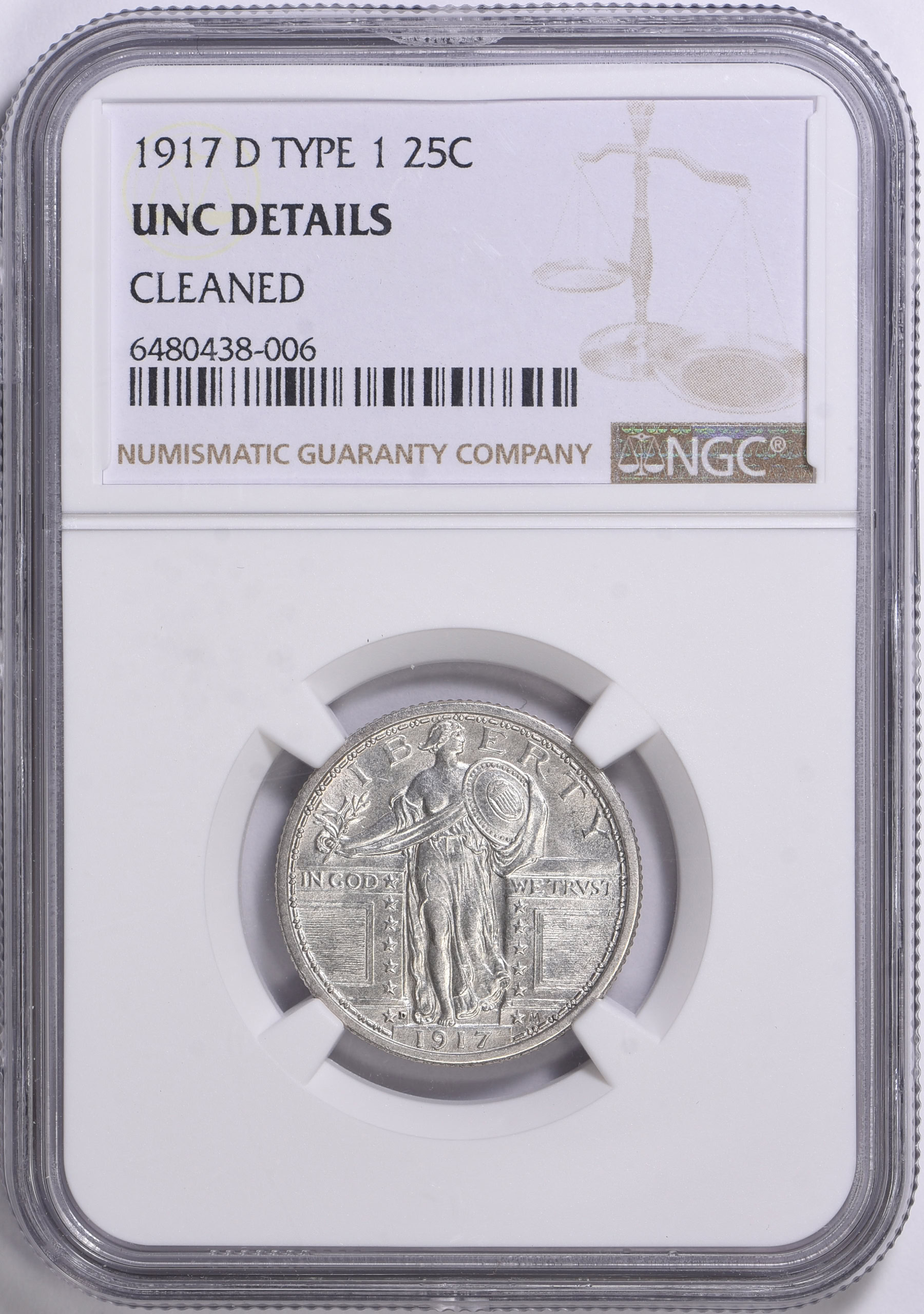 1917-D Standing Liberty Quarter Type 1 NGC Unc Details (Item 1724359) | GreatCollections Coin ...
