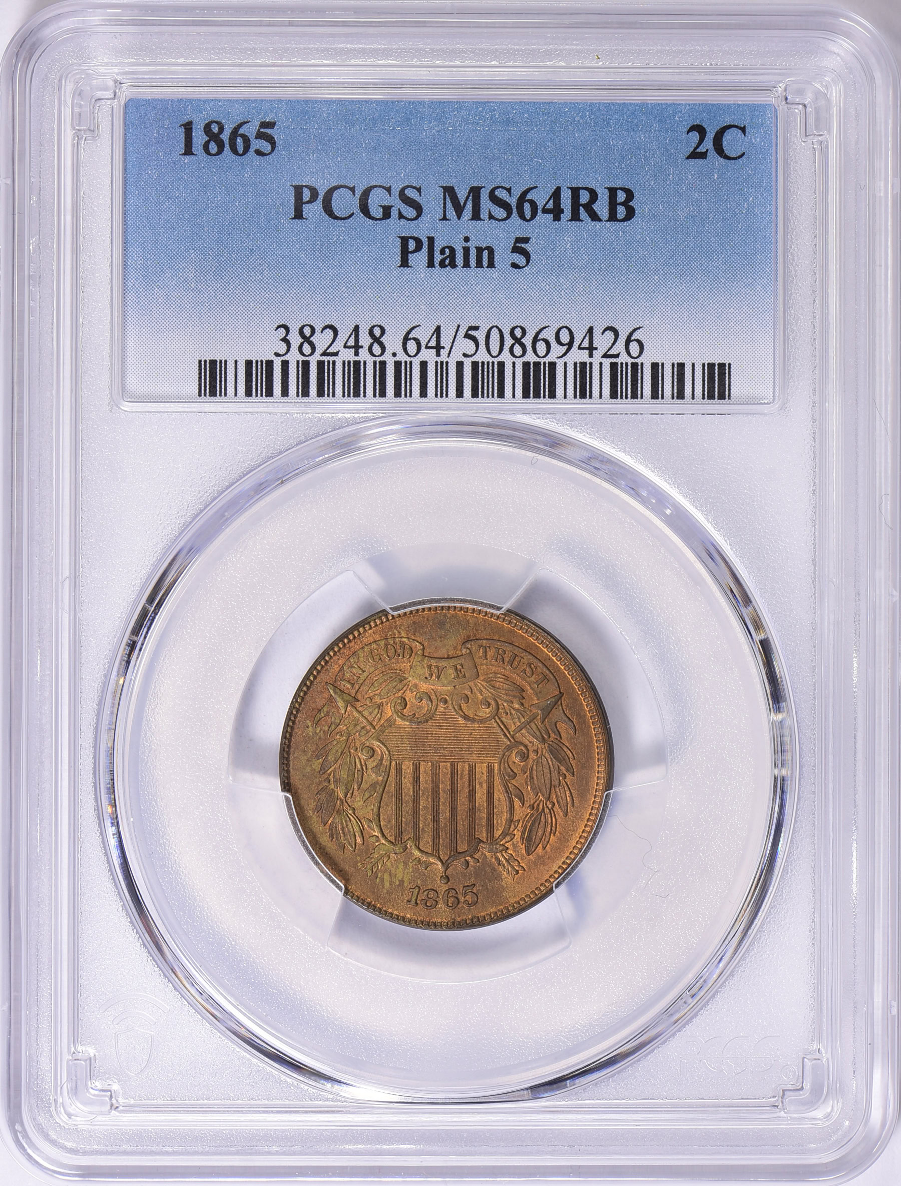 1865 Two-Cent Piece Plain 5 PCGS MS-64 RB (Item 1724374) | GreatCollections Coin Auctions