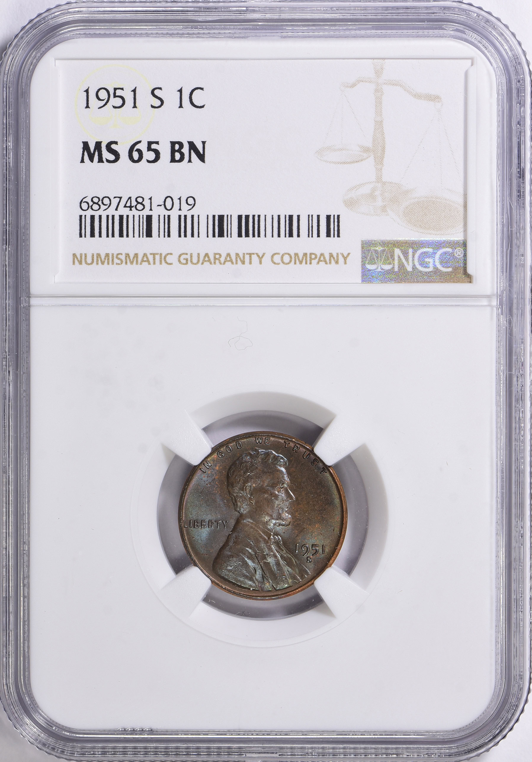 1951-S Lincoln Cent NGC MS-65 BN (Toned) (Item 1724656) | GreatCollections Coin Auctions