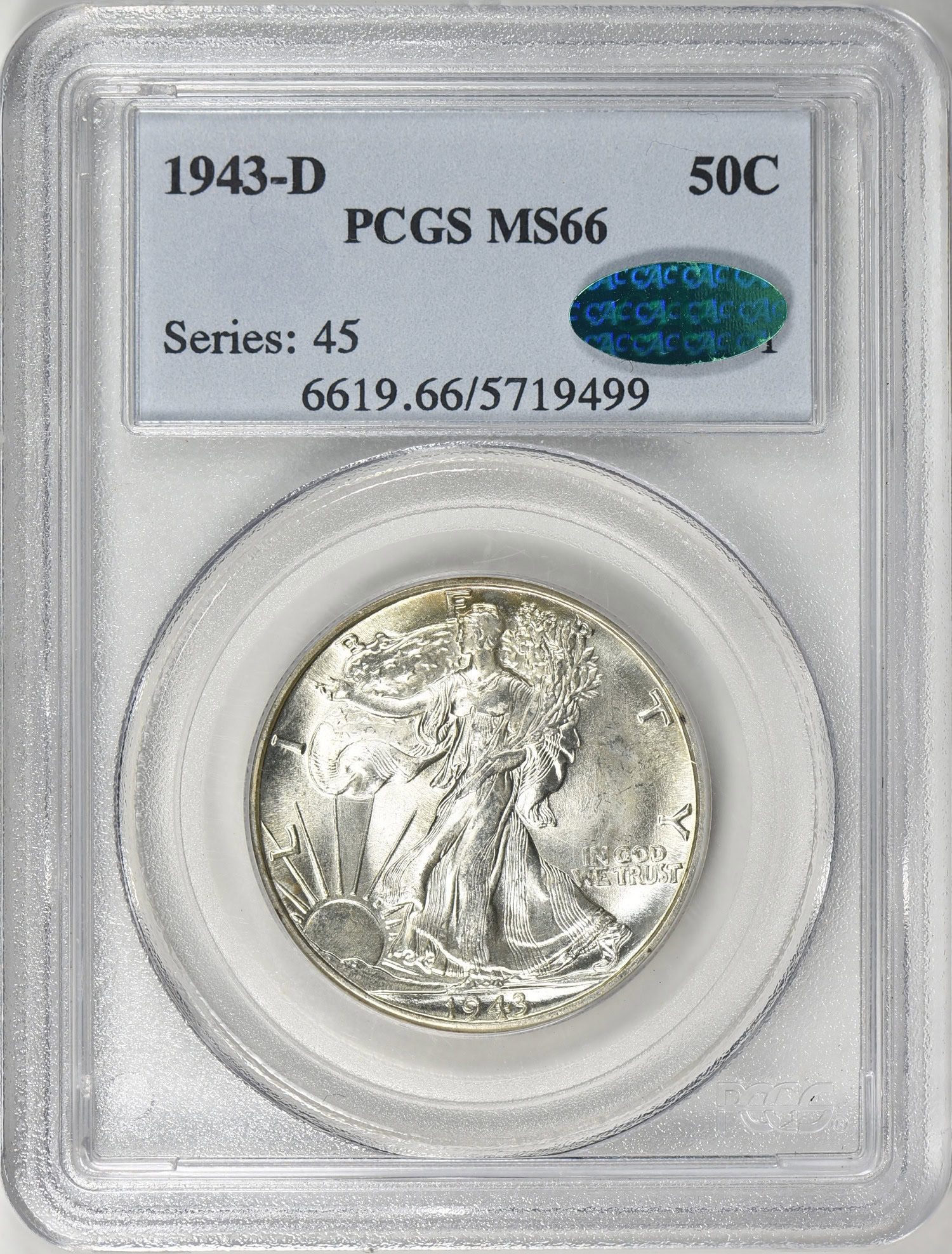 1943-D Walking Liberty Half Dollar PCGS MS-66 (CAC Green) (Item 1724771) | GreatCollections Coin ...