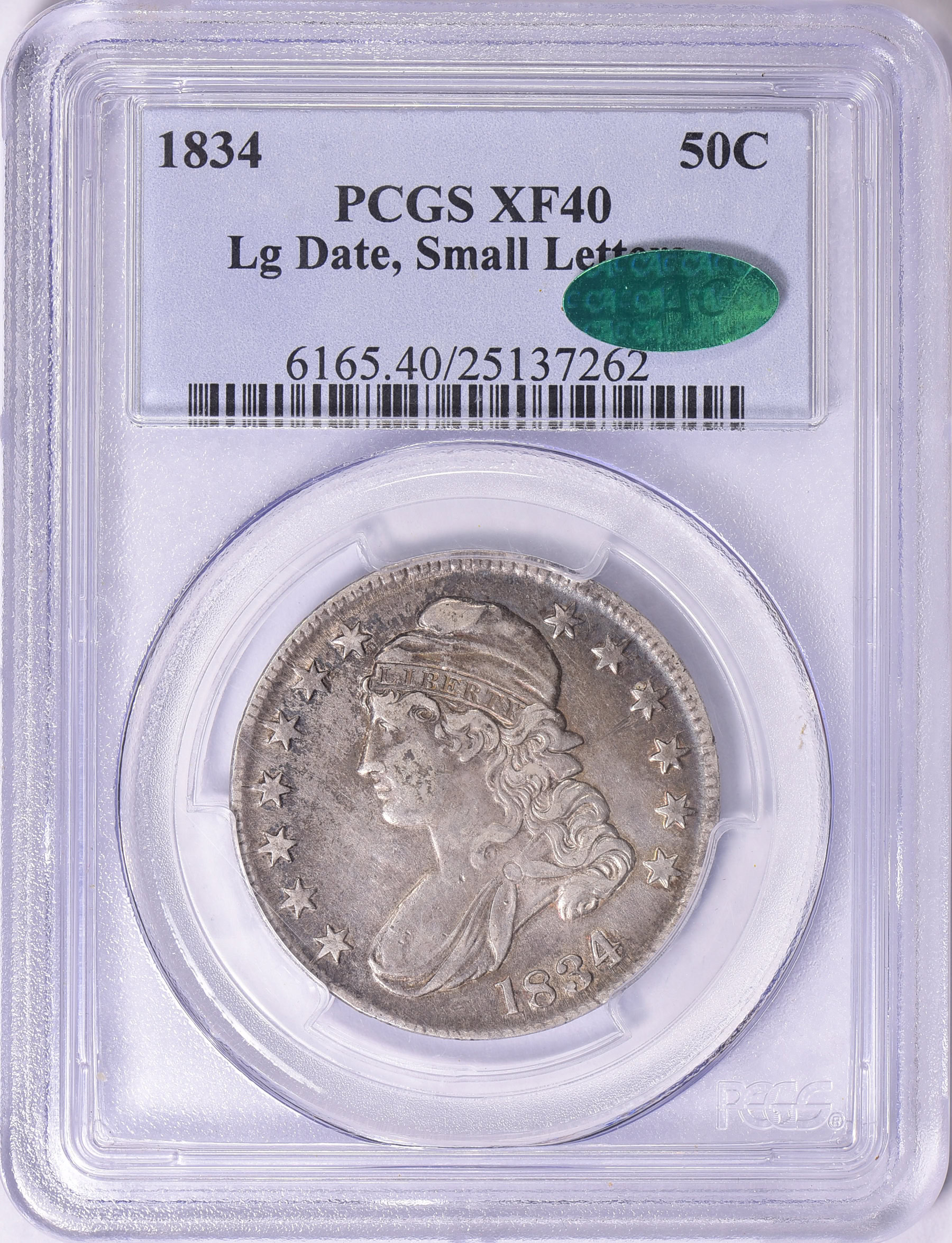 1834 Capped Bust Half Dollar Large Date, Small Letters PCGS XF-40 (CAC Green) (Item 1724787 ...