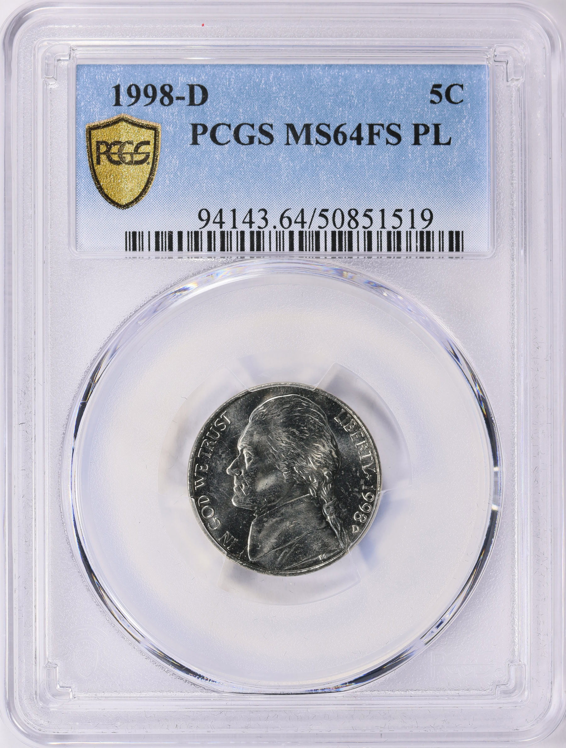 1998-D Jefferson Nickel PCGS MS-64 FS PL (Item 1724796 ...