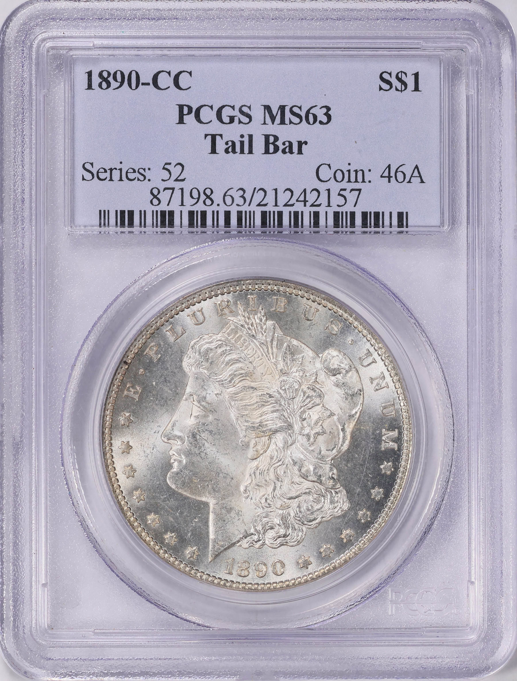 1890-CC Morgan Silver Dollar Tailbar PCGS MS-63 (Item 1724873) | GreatCollections Coin Auctions