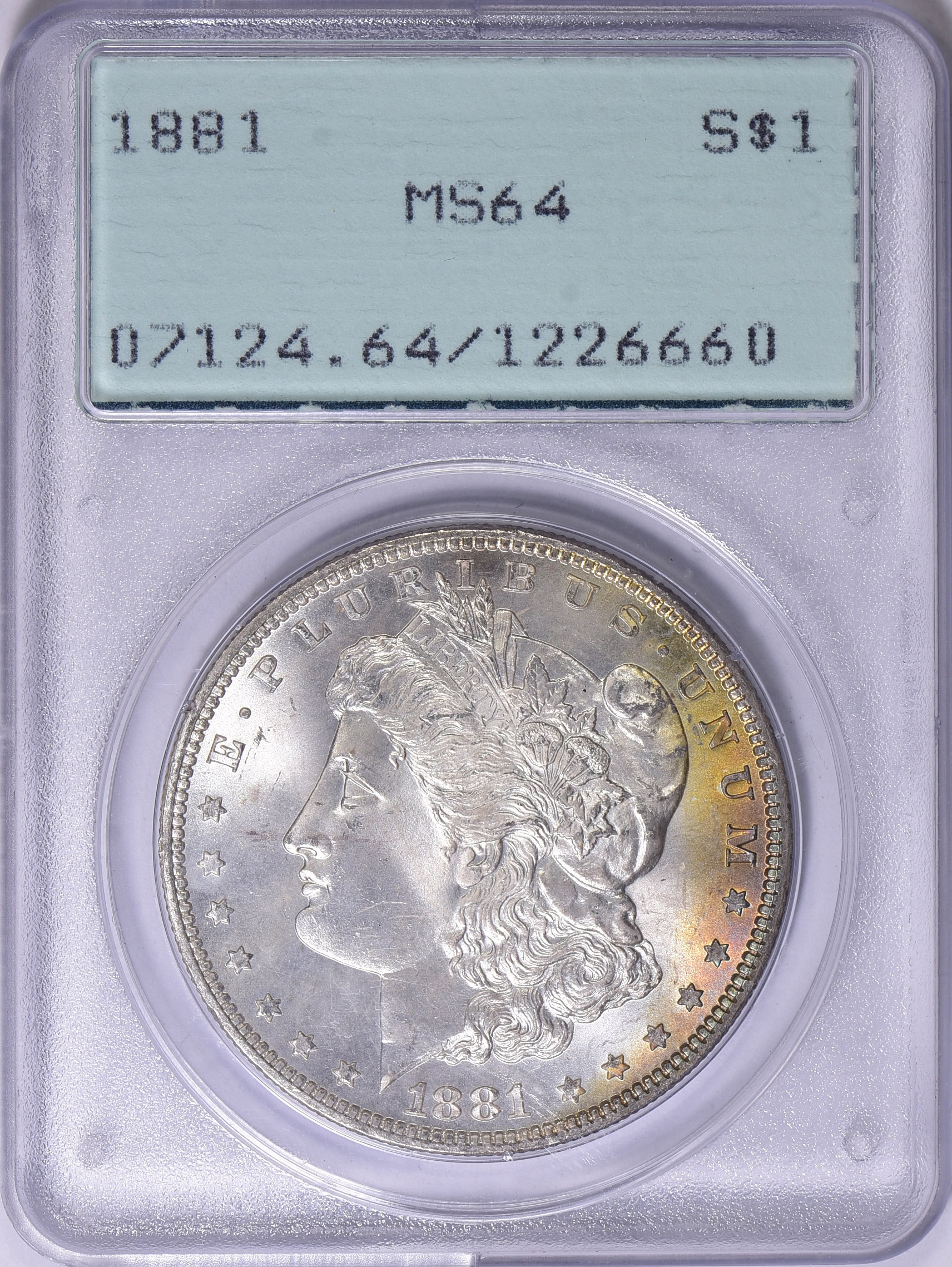 1881 Morgan Silver Dollar PCGS MS-64 OGH (1st Gen) (Toned) (Item 1724889) | GreatCollections ...