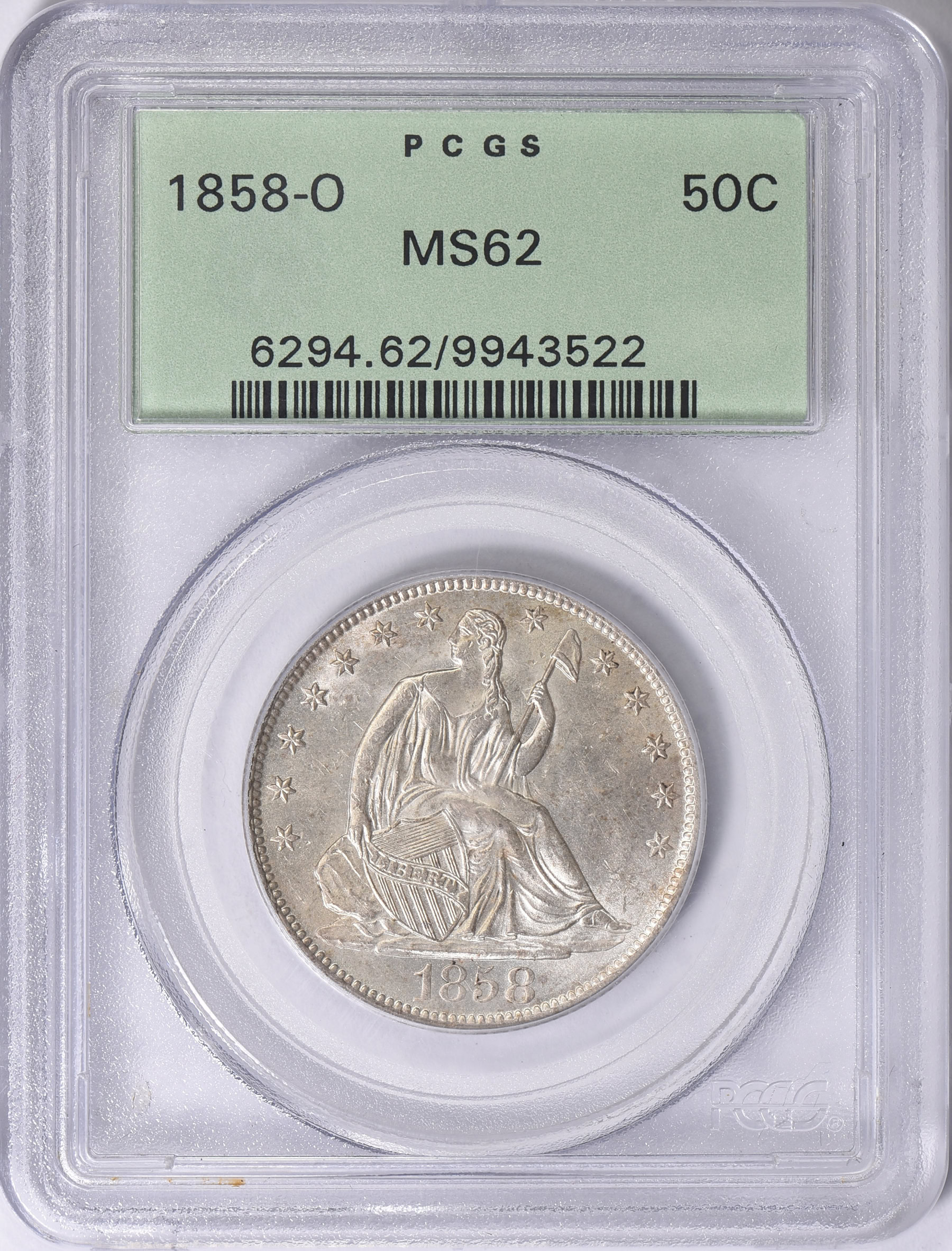 1858-O Seated Liberty Half Dollar PCGS MS-62 OGH (Item 1724948) | GreatCollections Coin Auctions