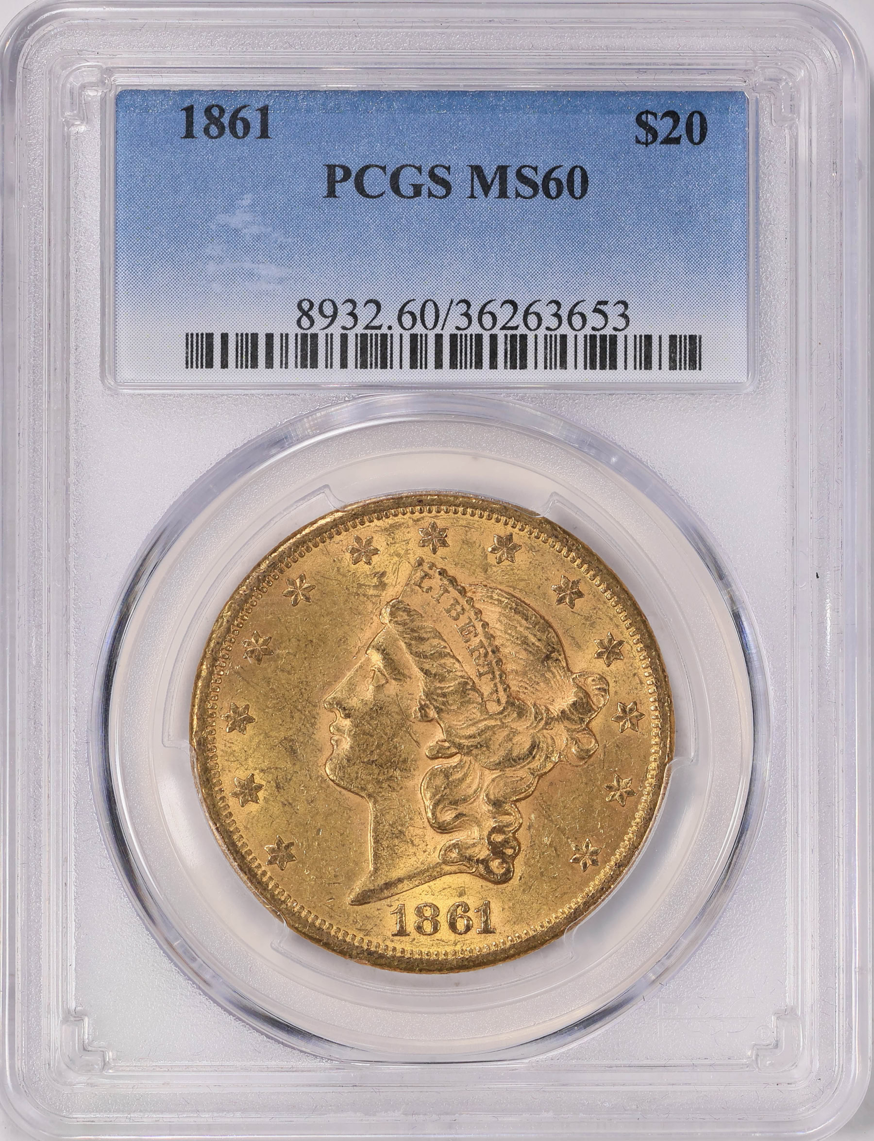 1861 Liberty Gold Double Eagle PCGS MS-60 (Item 1724981) | GreatCollections Coin Auctions
