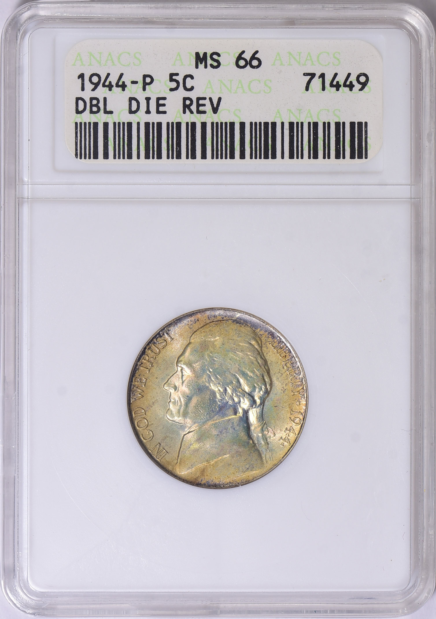 1944-P Jefferson Nickel Dbl Die Rev ANACS MS-66 OH (Toned) (Item 1725139) | GreatCollections ...