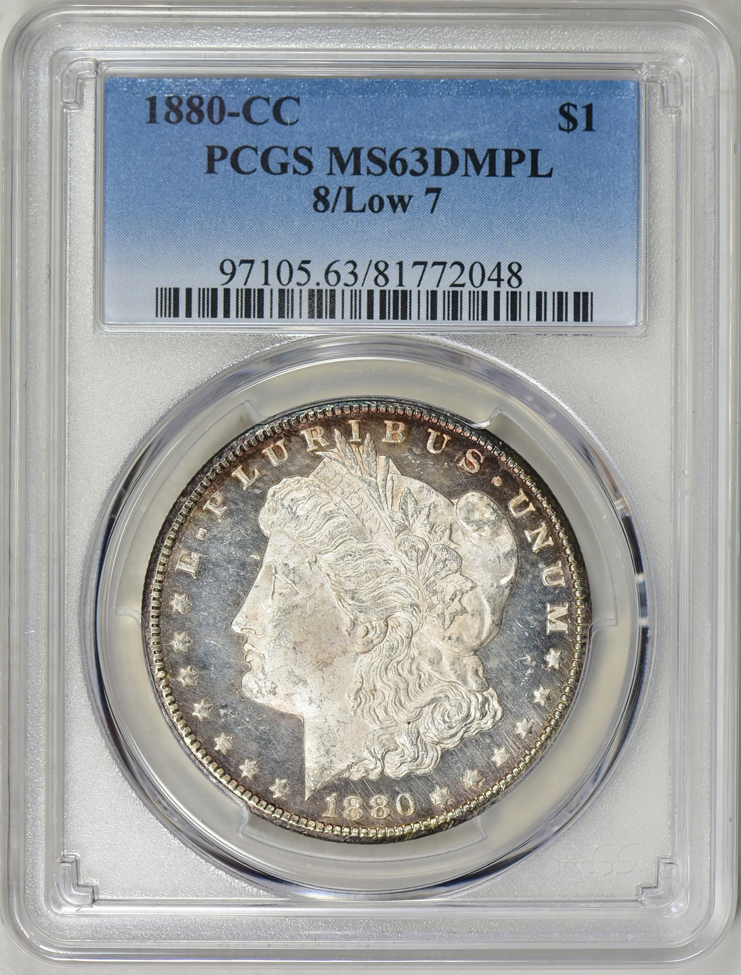 1880-CC Morgan Silver Dollar 8/Low 7 PCGS MS-63 DMPL (Item 1725416) | GreatCollections Coin Auctions