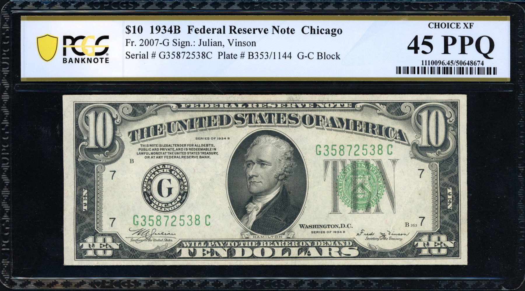 Fr. 2007-G (GC Block) 1934B $10 Chicago Federal Reserve Note Julian ...