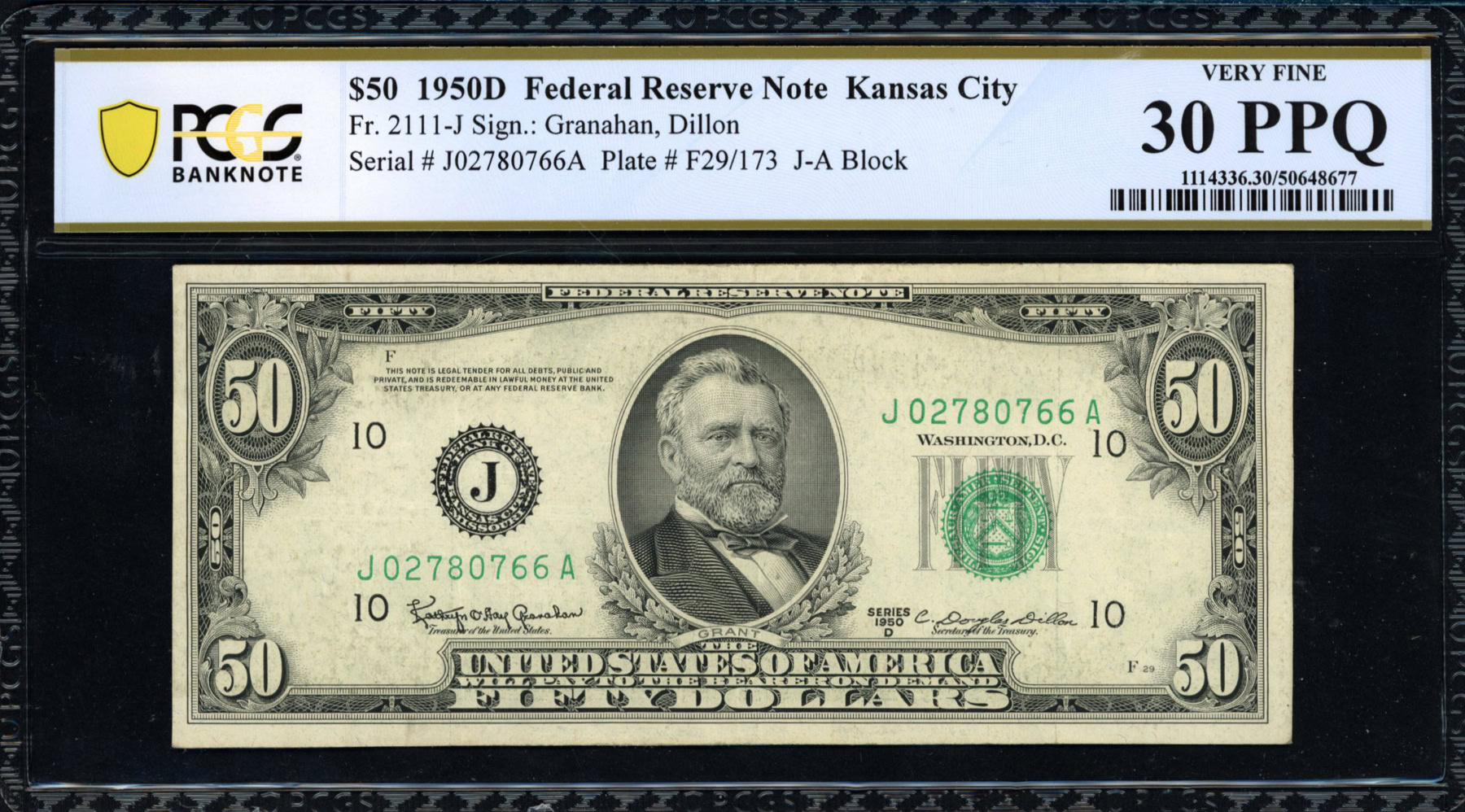 Fr. 2111-J (JA Block) 1950D $50 Kansas City Federal Reserve Note ...