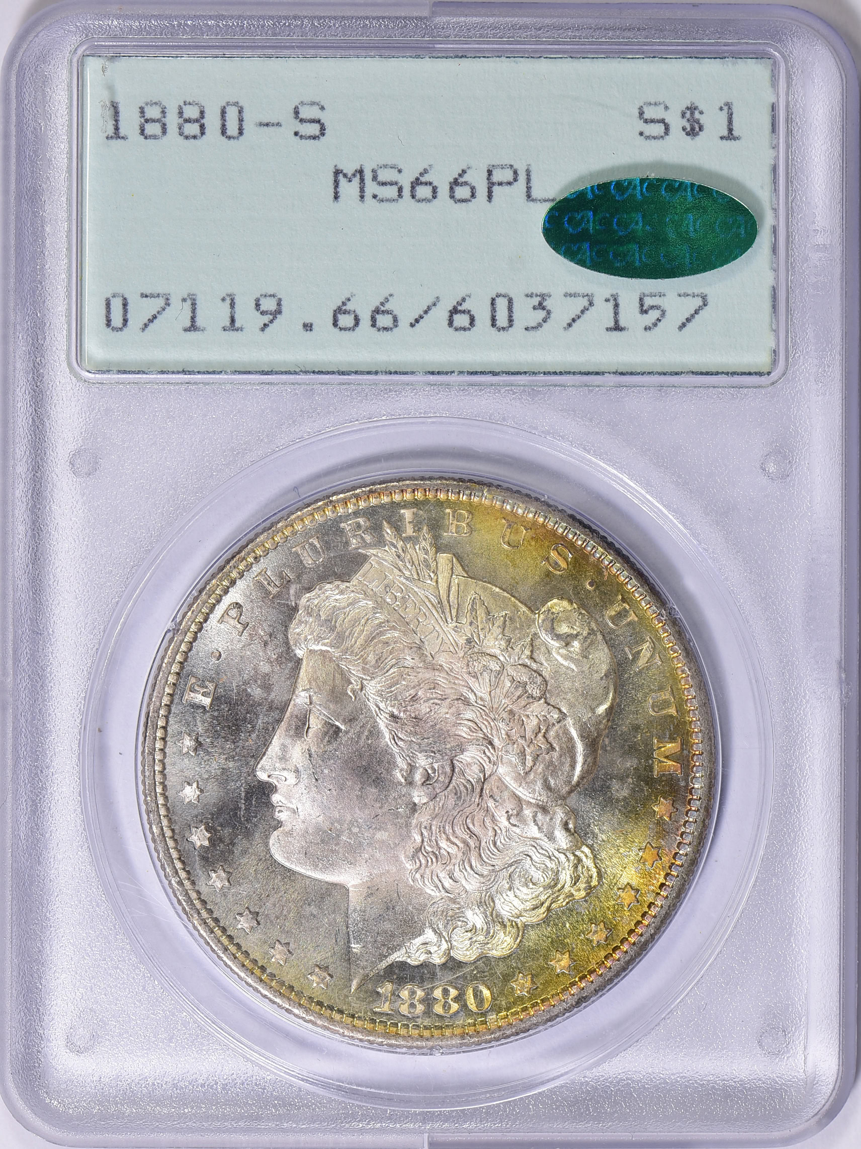 1880-S Morgan Silver Dollar PCGS MS-66 PL (CAC Green) OGH (1st Gen) (Toned) (Item 1725595 ...