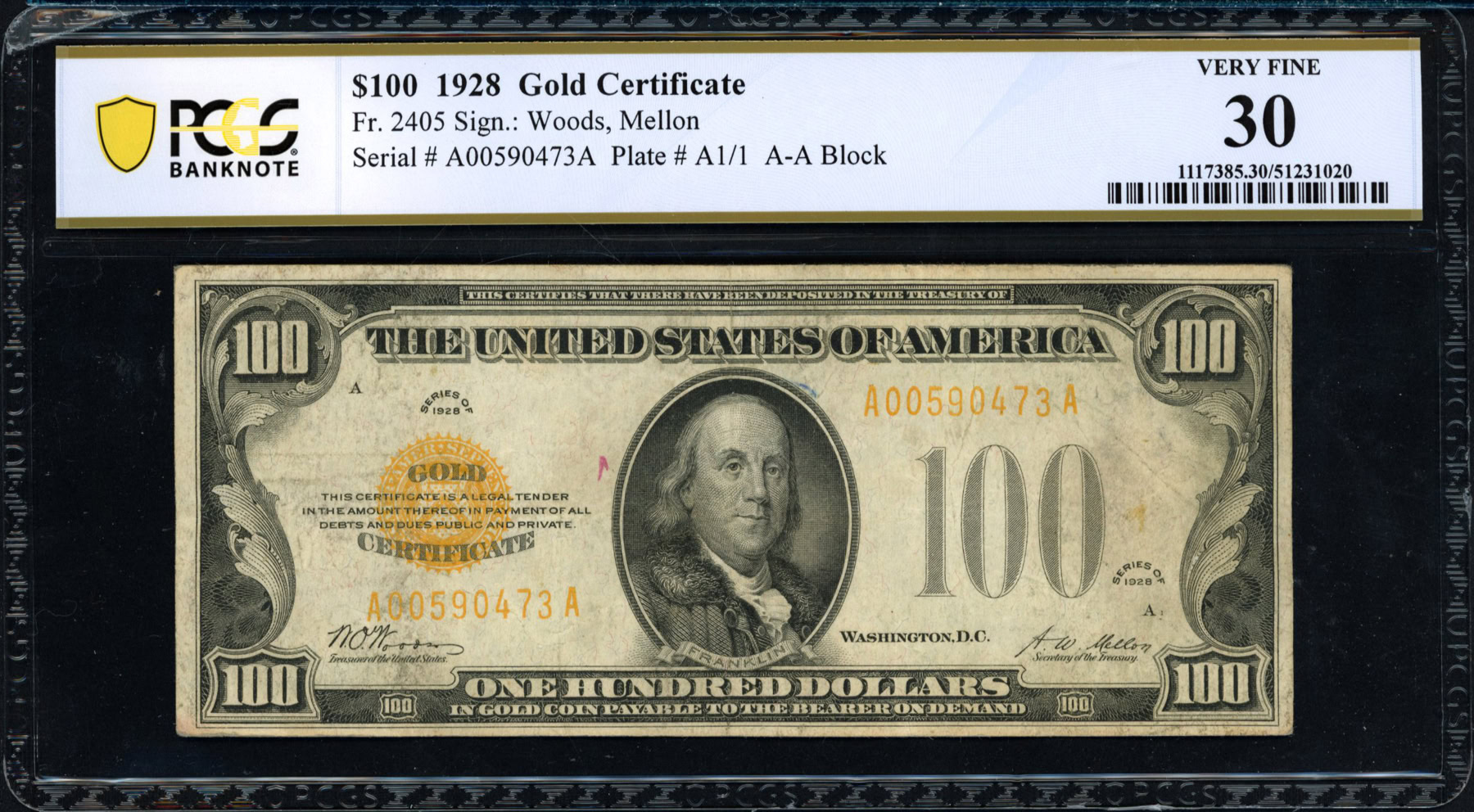 Fr. 2405 (AA Block) 1928 $100 Gold Certificate Note Woods / Mellon PCGS ...