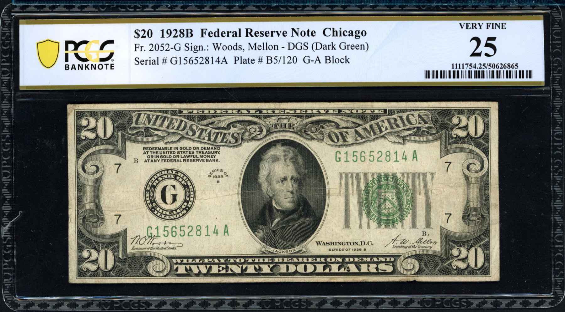Fr. 2052-Gdgs Dark Green (GA Block) 1928B $20 Chicago Federal Reserve ...