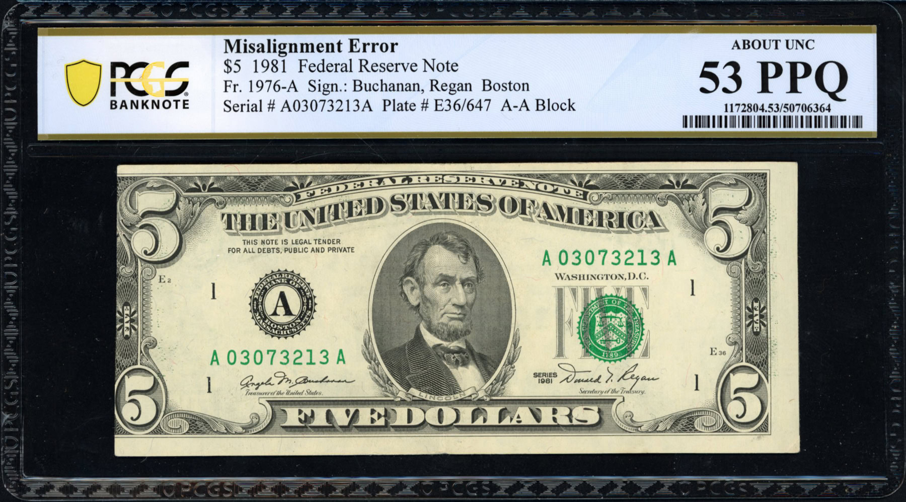 Fr. 1976-A (AA Block) 1981 $5 Boston Federal Reserve Error Note ...