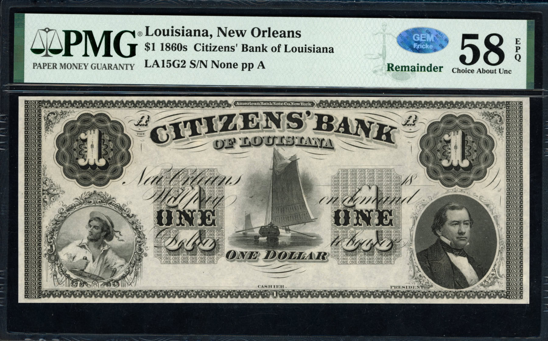 1860s New Orleans, Louisiana Citizens' Bank of Louisiana $1 Remainder ...