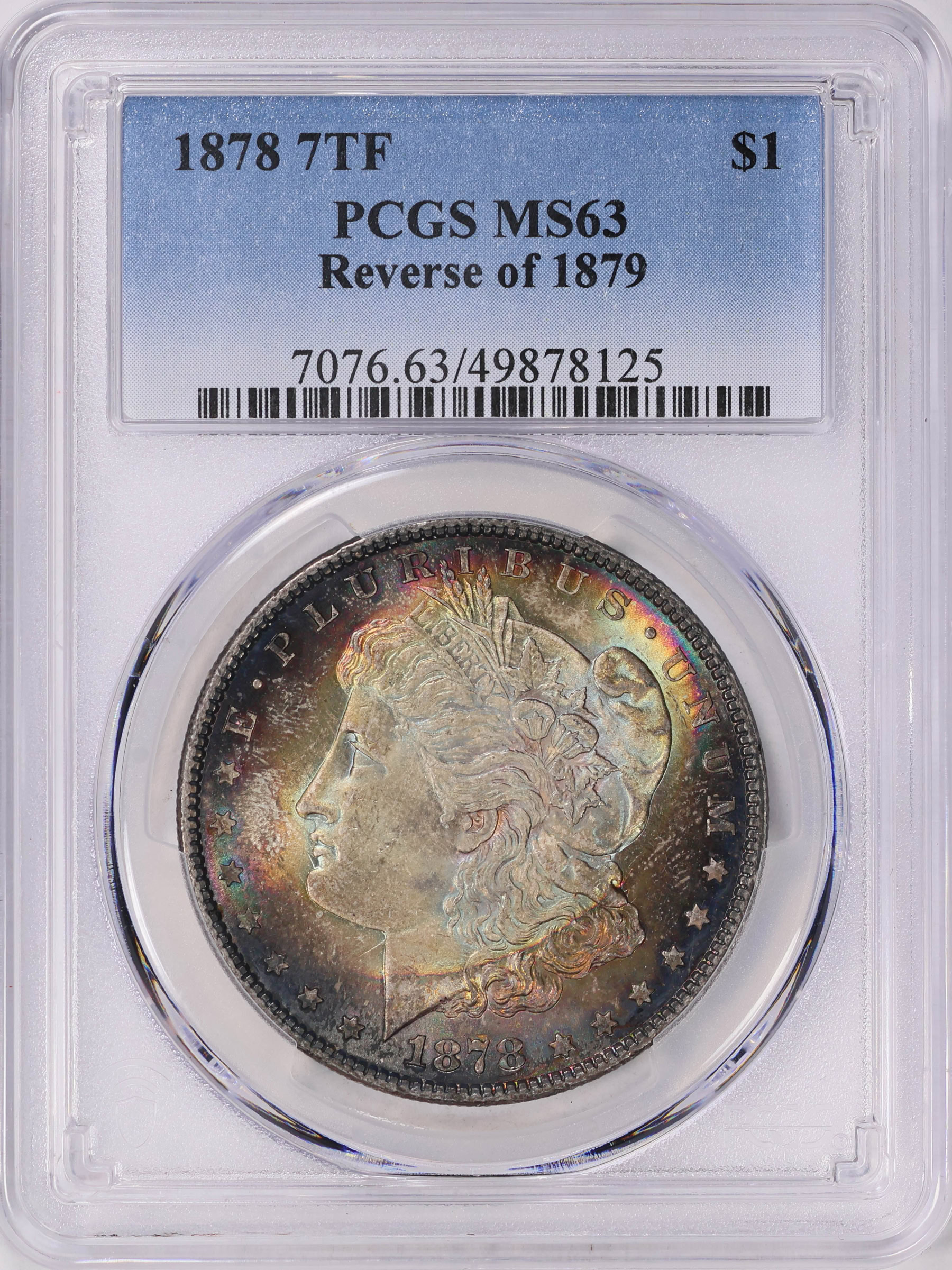 1878 Morgan Silver Dollar 7 Tailfeathers, Reverse of 1879 PCGS MS-63 (Toned) (Item 1725770 ...