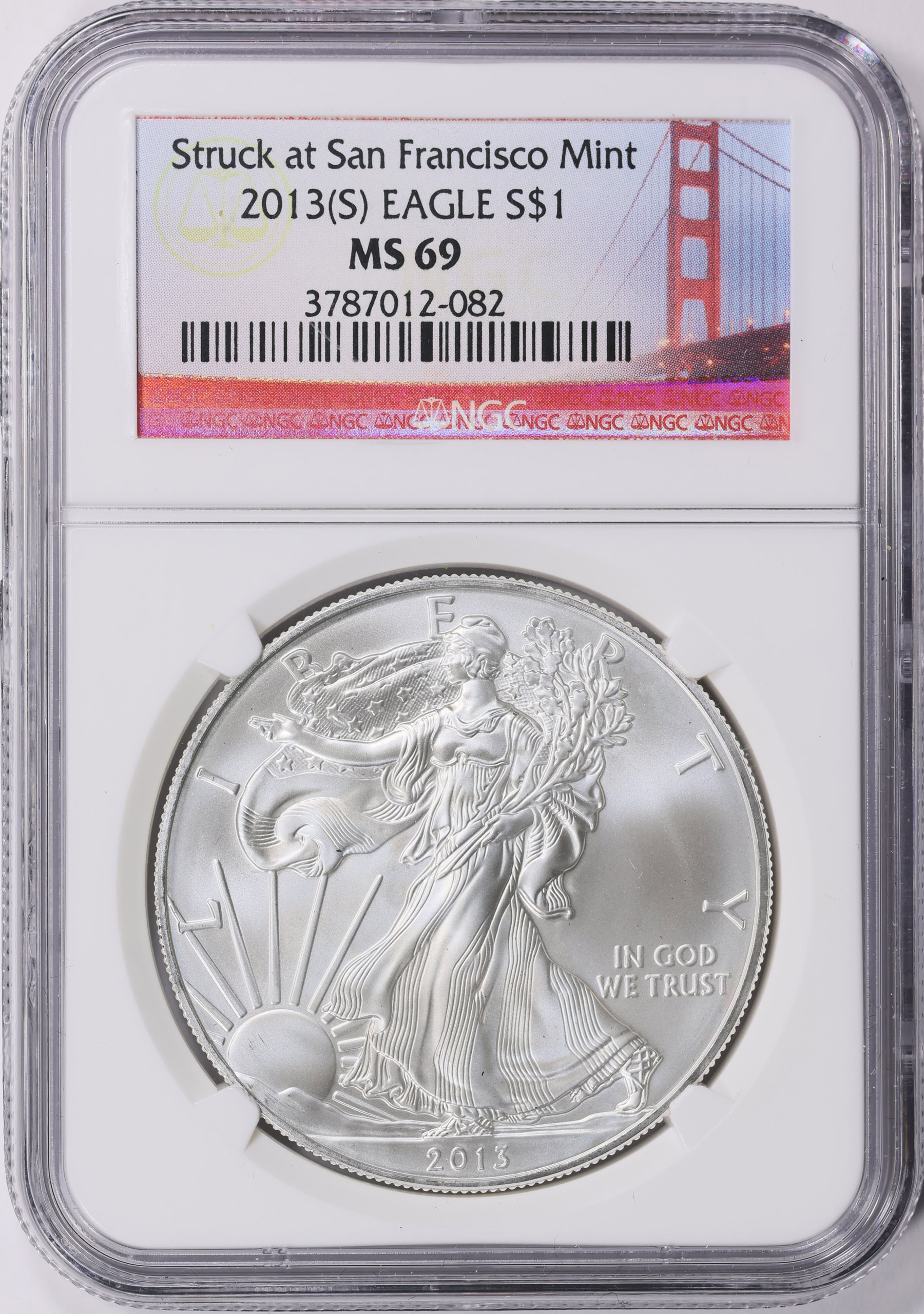 2013-(S) $1 Silver Eagle Struck at San Francisco NGC MS-69 (Golden Gate Bridge Label) (Item ...