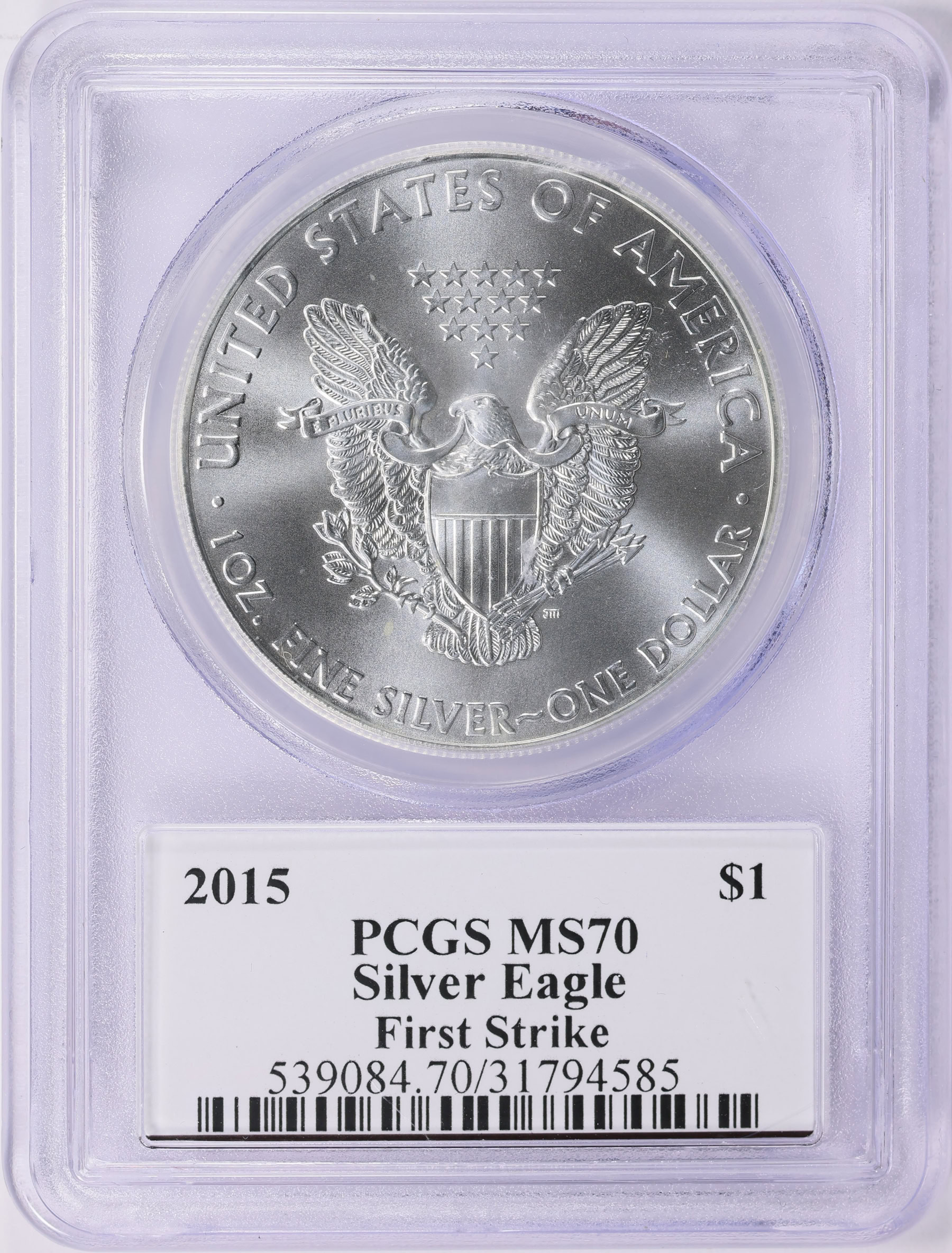 2015 $1 Silver Eagle First Strike PCGS MS-70 (Mercanti Signed Flag ...