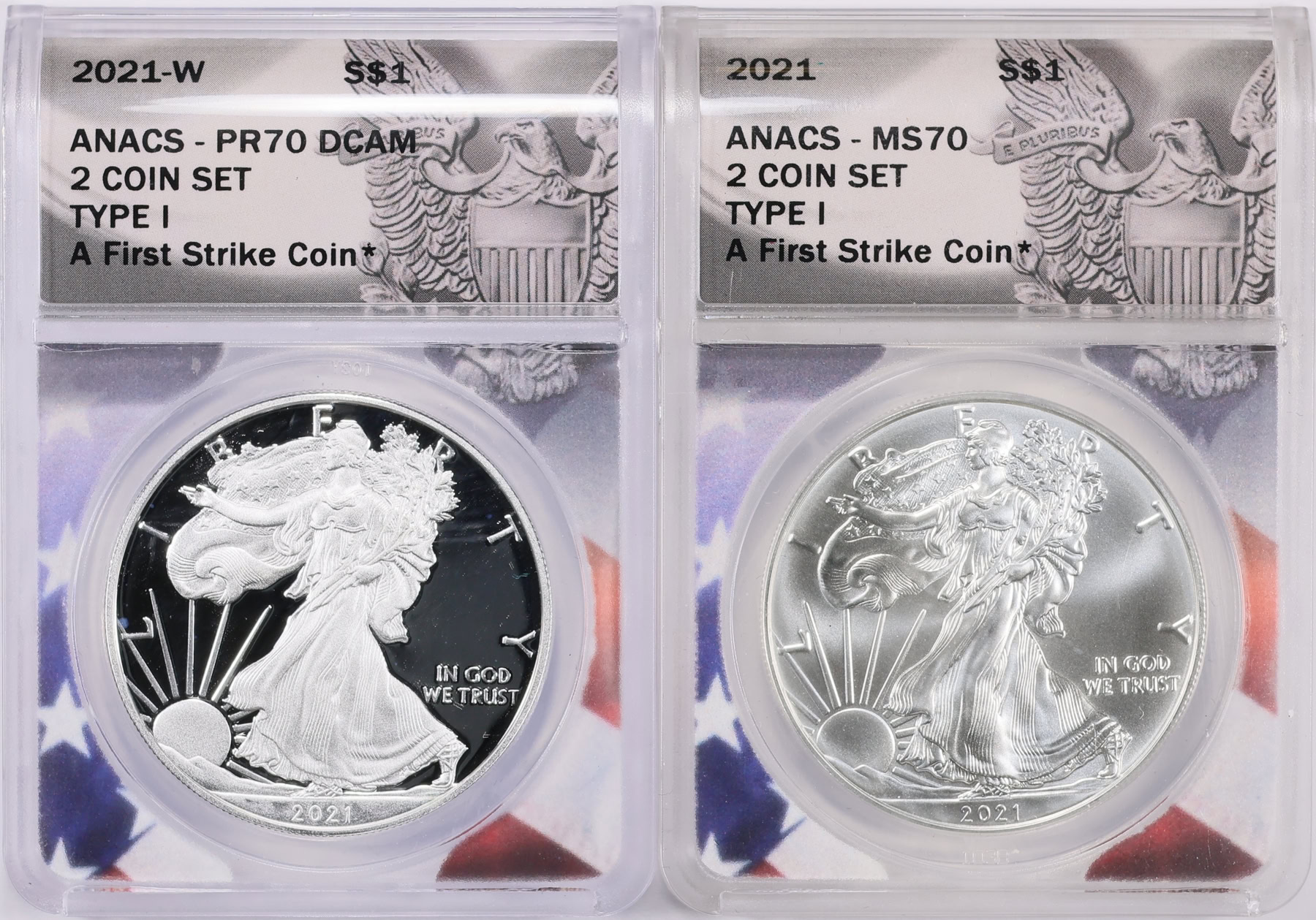 2021-W and 2021 $1 Silver Eagle Type 1 First Strike ANACS Proof-70 DCAM ...