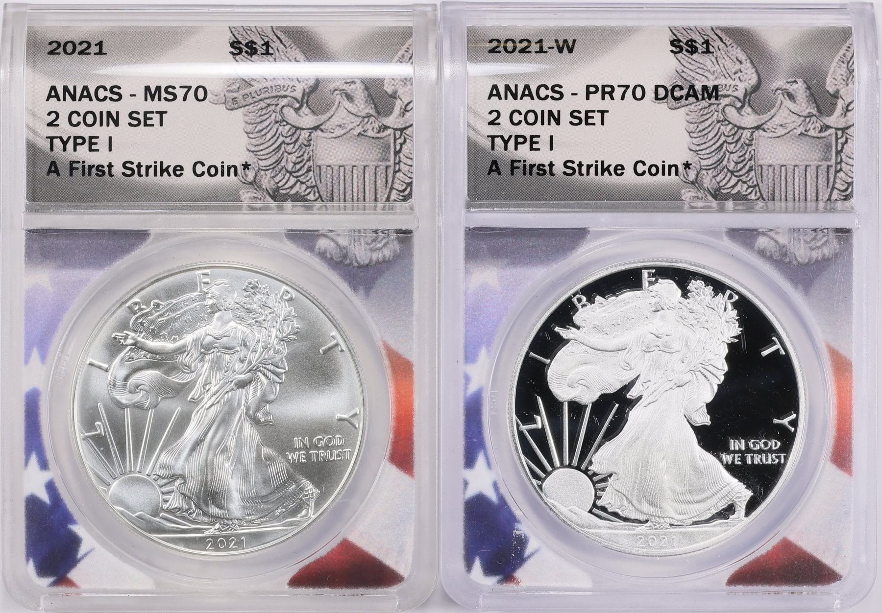 2021-W and 2021 $1 Silver Eagle Type 1 First Strike ANACS Proof-70 DCAM/MS-70 (Flag Frame ...