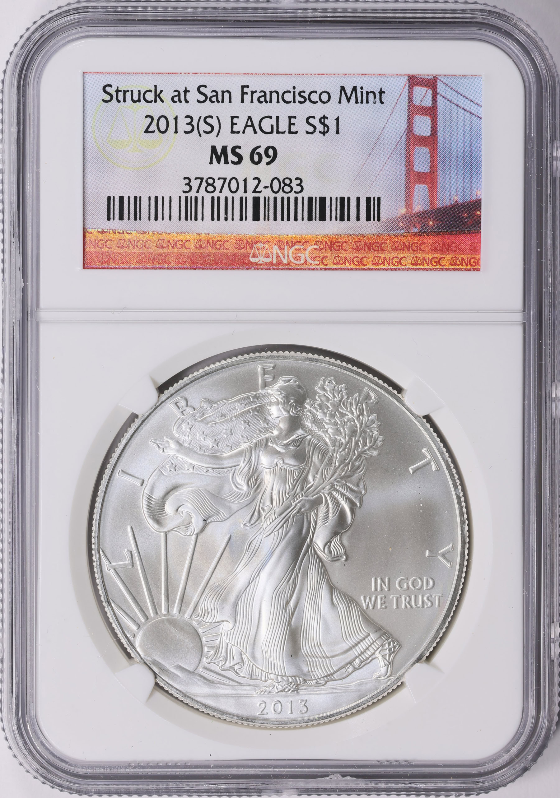 2013-(S) $1 Silver Eagle Struck at San Francisco NGC MS-69 (Golden Gate Bridge Label) (Item ...