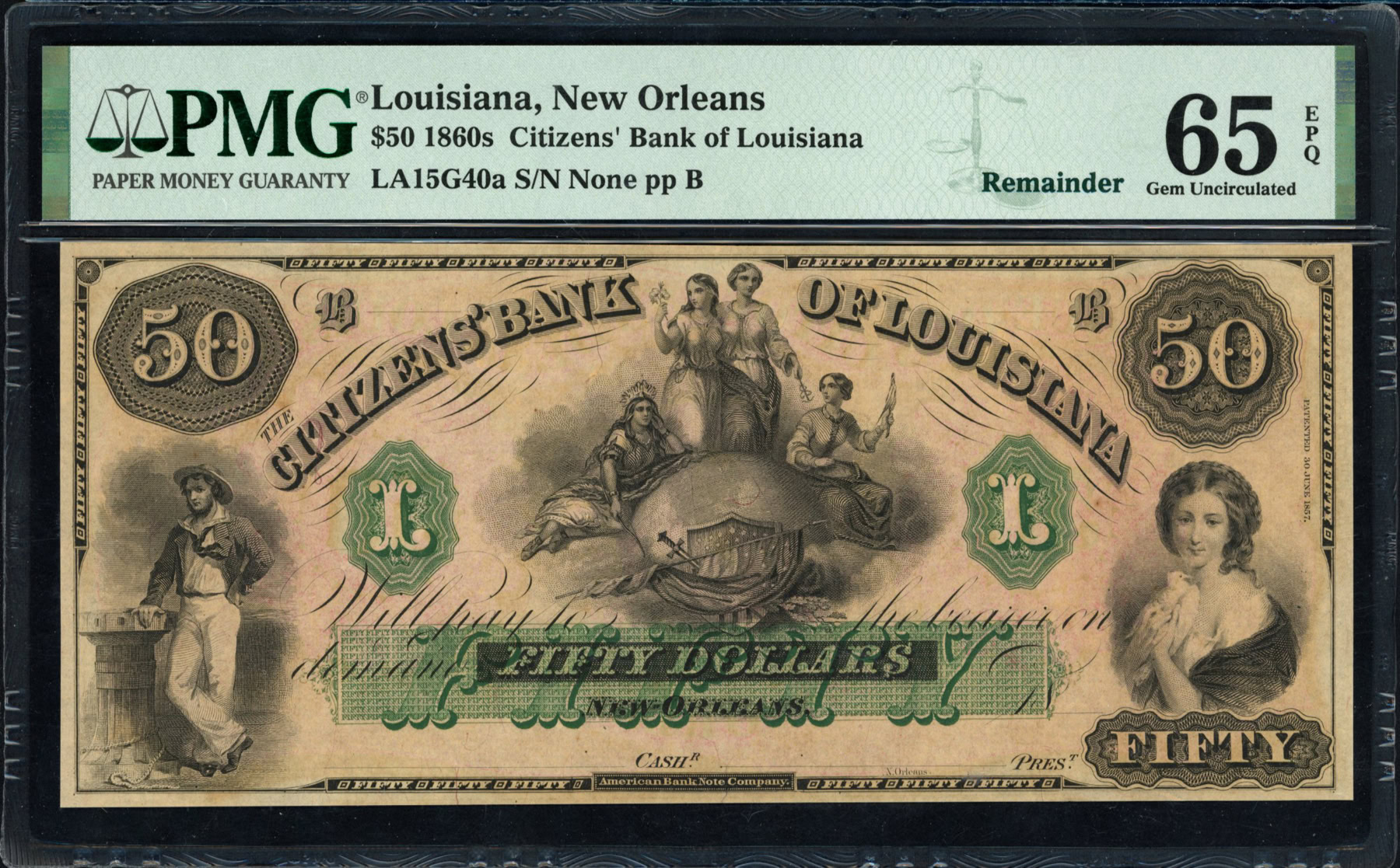 1860s New Orleans, Louisiana Citizens' Bank of Louisiana $50 Remainder ...