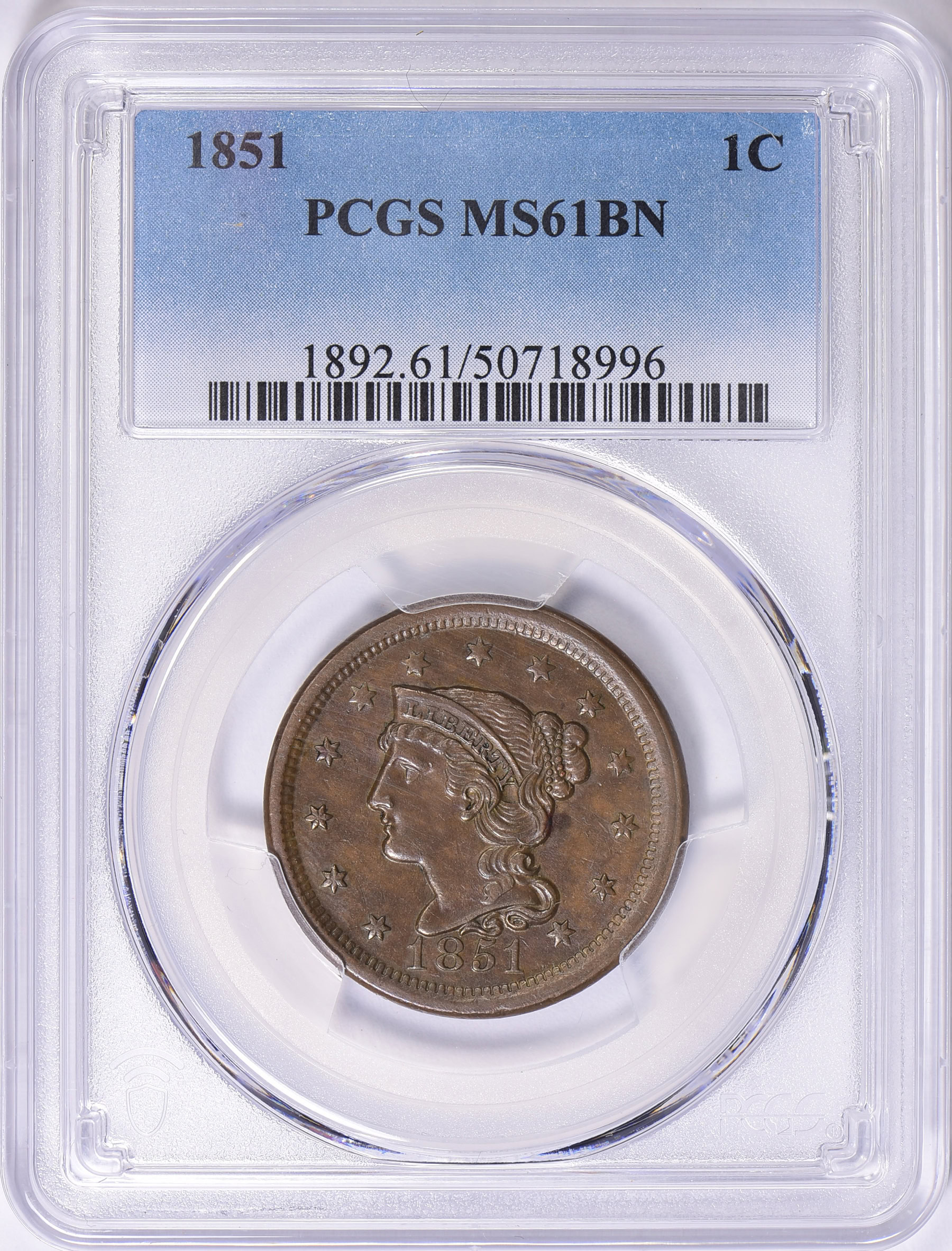 1851 Braided Hair Cent PCGS MS-61 BN (Item 1726245) | GreatCollections Coin Auctions