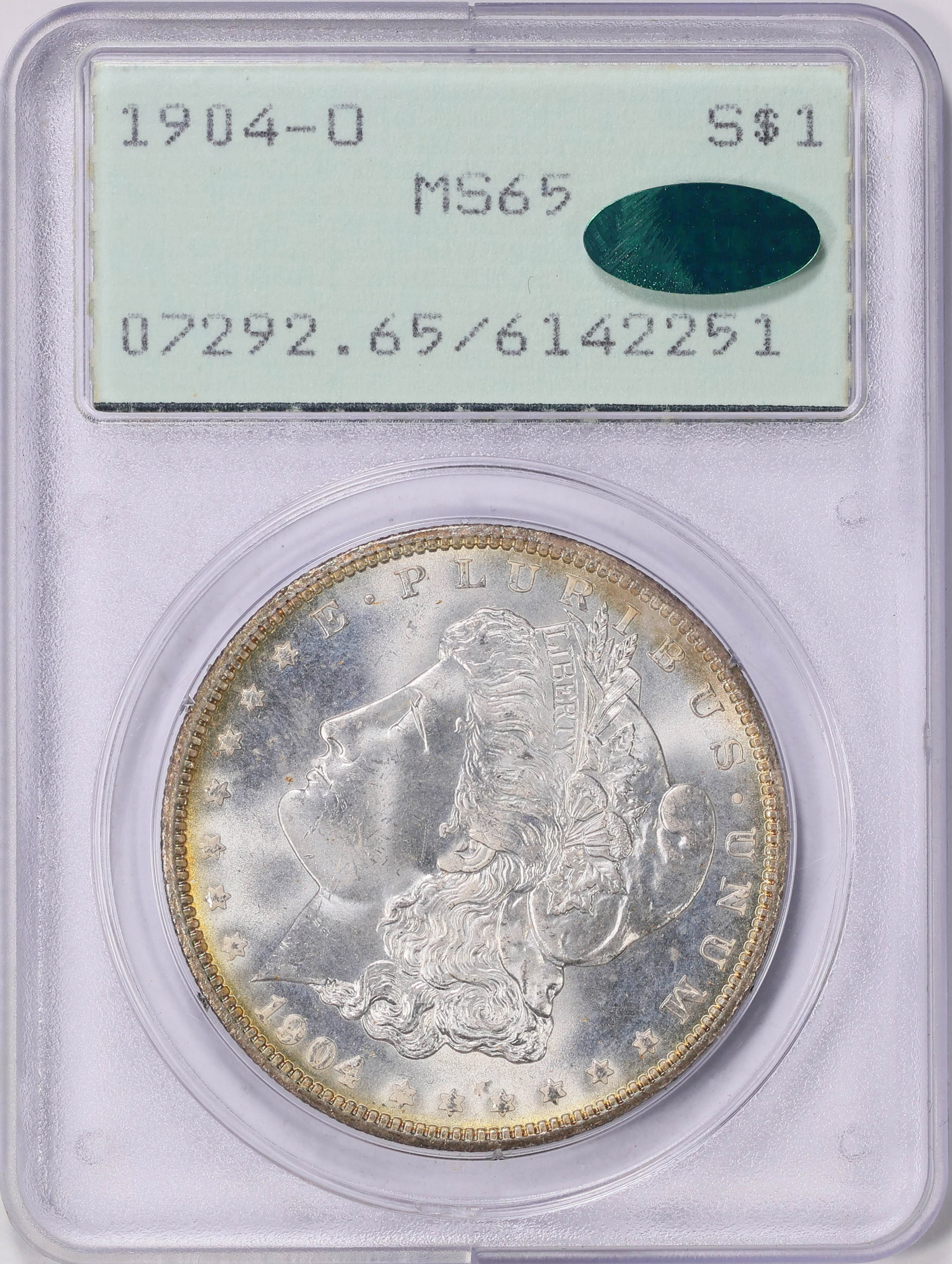 1904-O Morgan Silver Dollar PCGS MS-65 (CAC Green) OGH (1st Gen) (Toned) (Item 1726315 ...