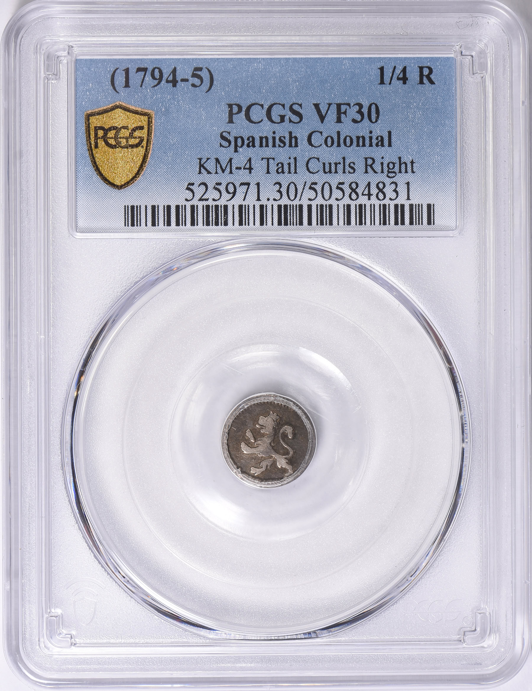 Spanish Colonial 1788 Silver 1/4 Real Tail Curls Right KM-4 PCGS VF-30 ...
