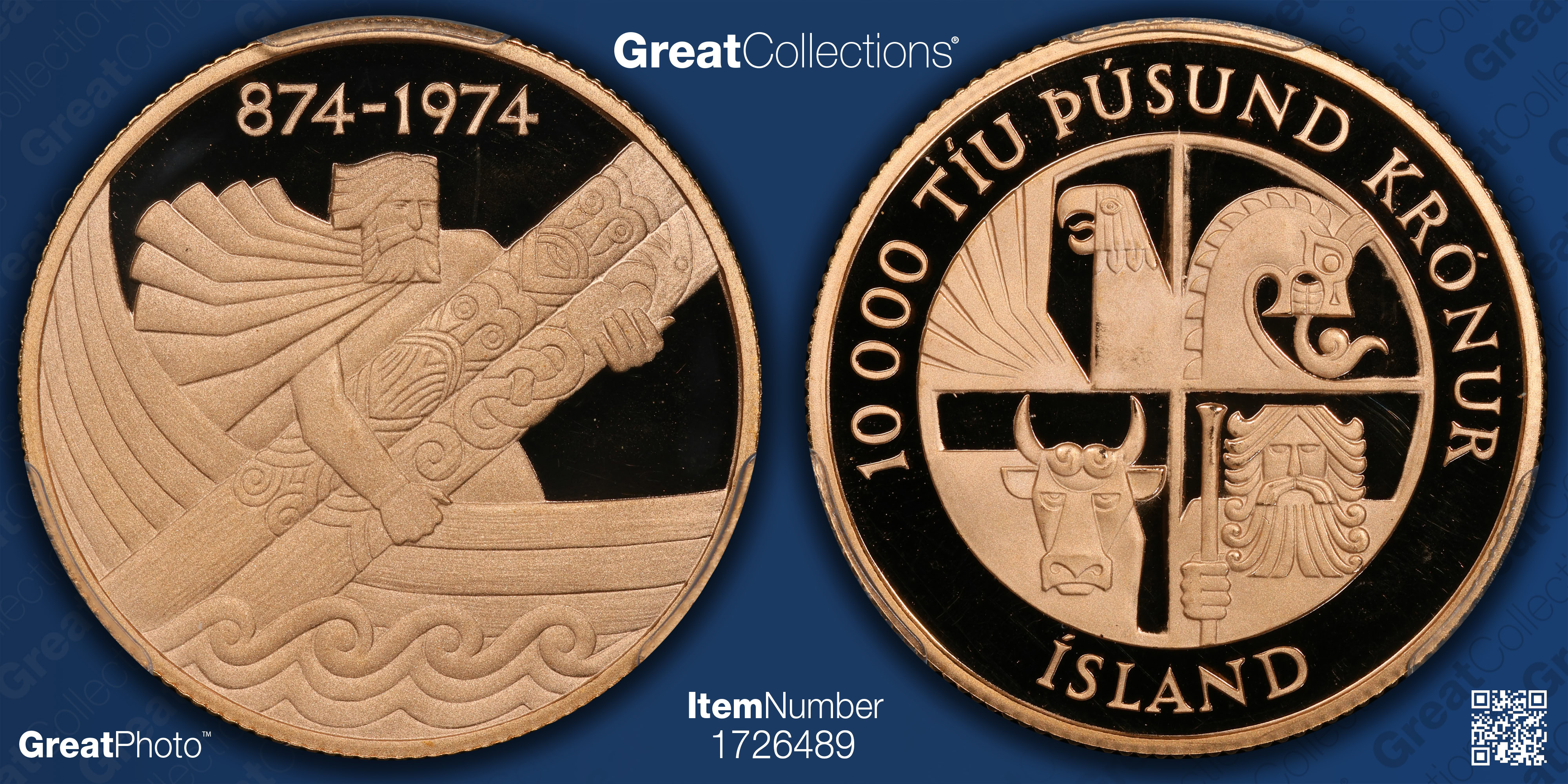Iceland 1974 Gold 10,000 Kronur 1,100th Anniversary of First Settlement ...