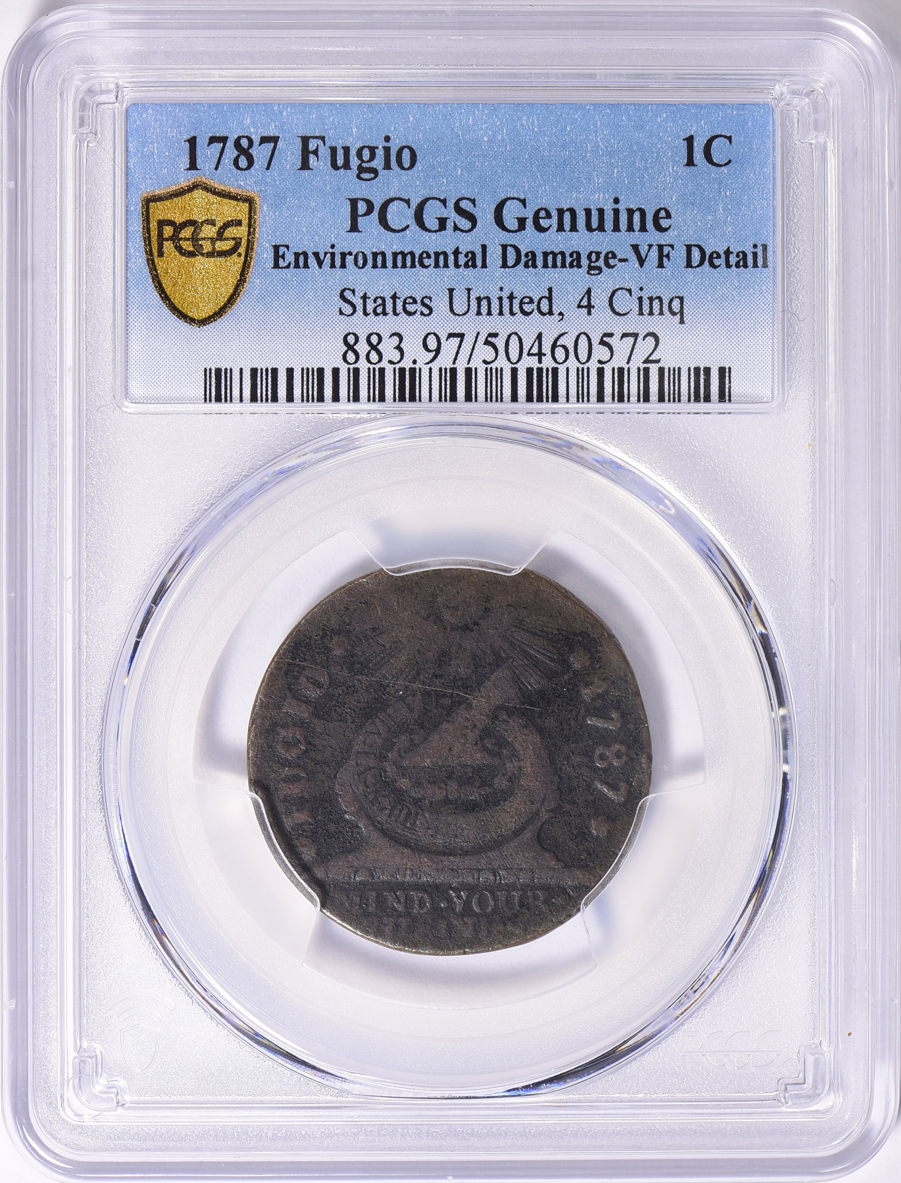1787 Fugio Cent STATES UNITED, 4 Cinq PCGS Genuine VF Details (Item ...