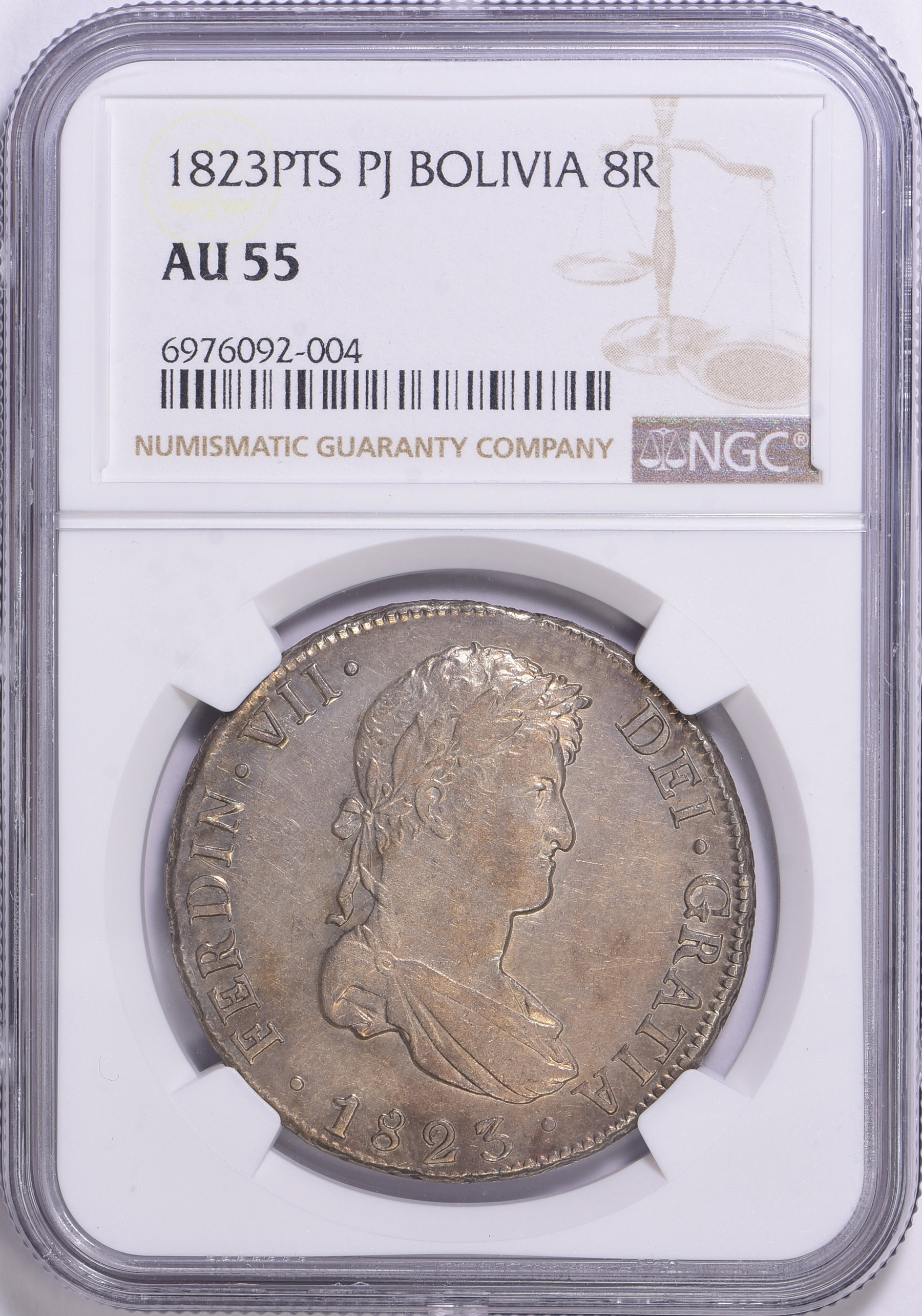 Bolivia 1823-PJ Silver 8 Reales KM-84 NGC AU-55 (Item 1726572) | GreatCollections Coin Auctions