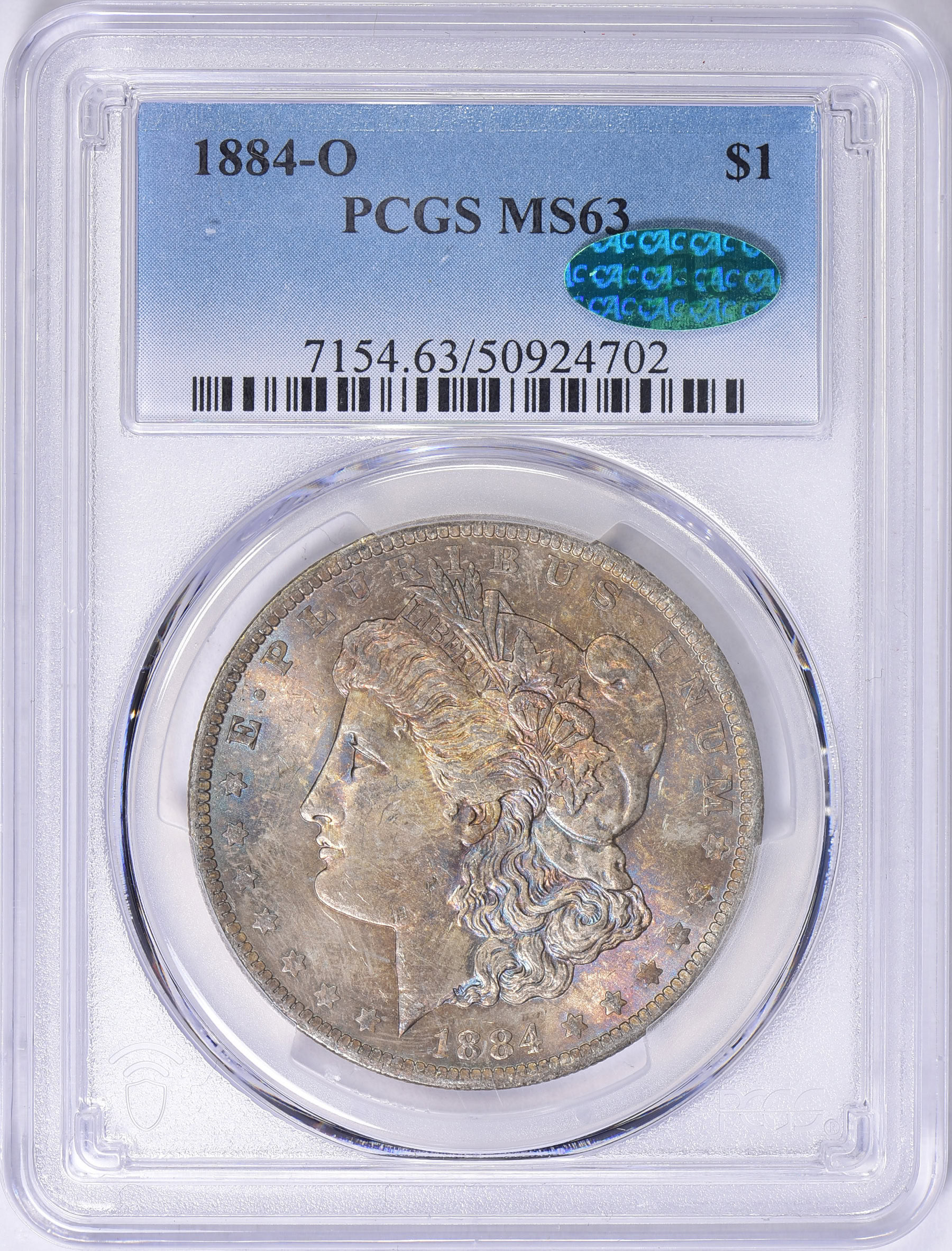1884-O Morgan Silver Dollar PCGS MS-63 (CAC Green) (Toned) (Item 1726592) | GreatCollections ...