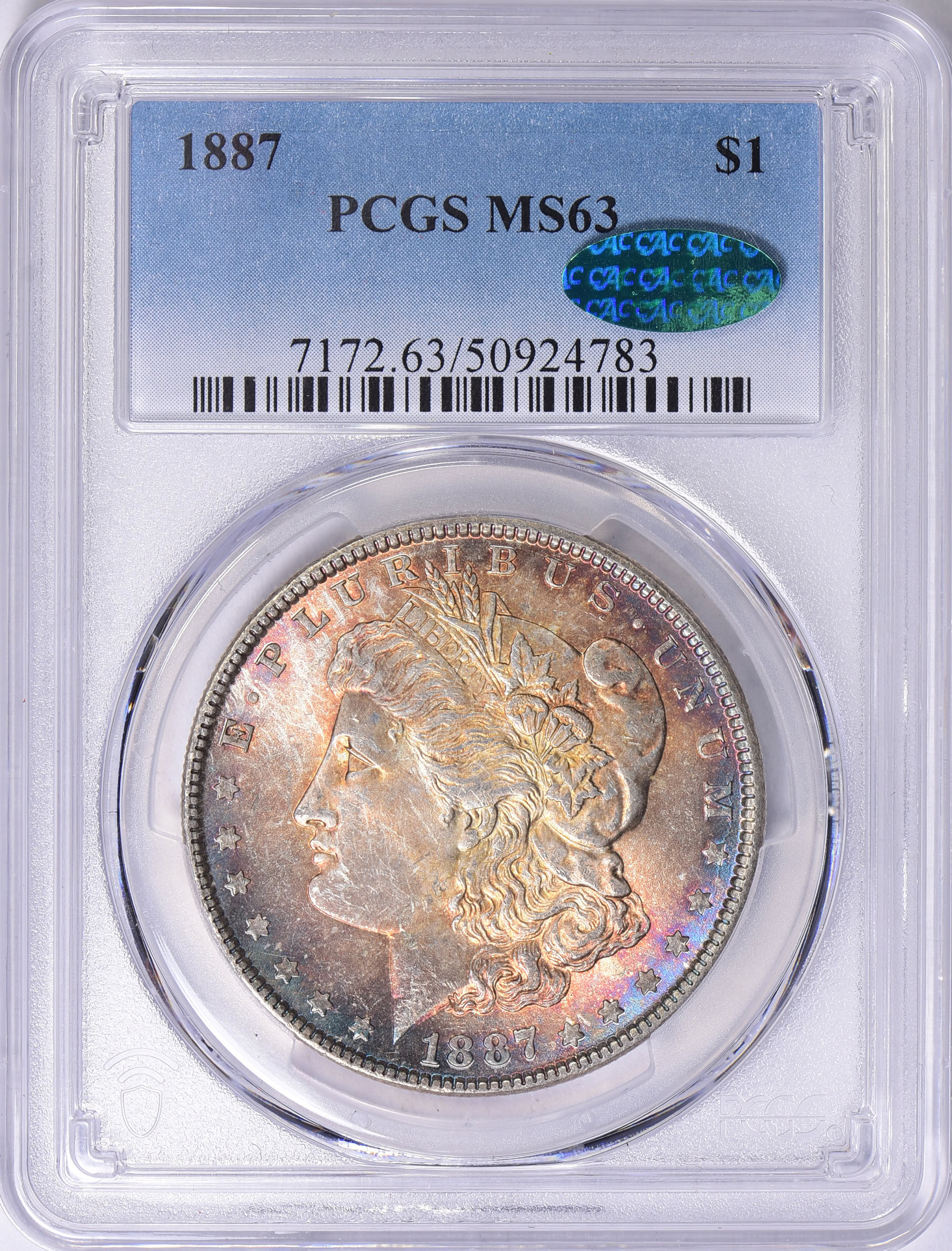 1887 Morgan Silver Dollar PCGS MS-63 (CAC Green) (Toned) (Item 1726686) | GreatCollections Coin ...
