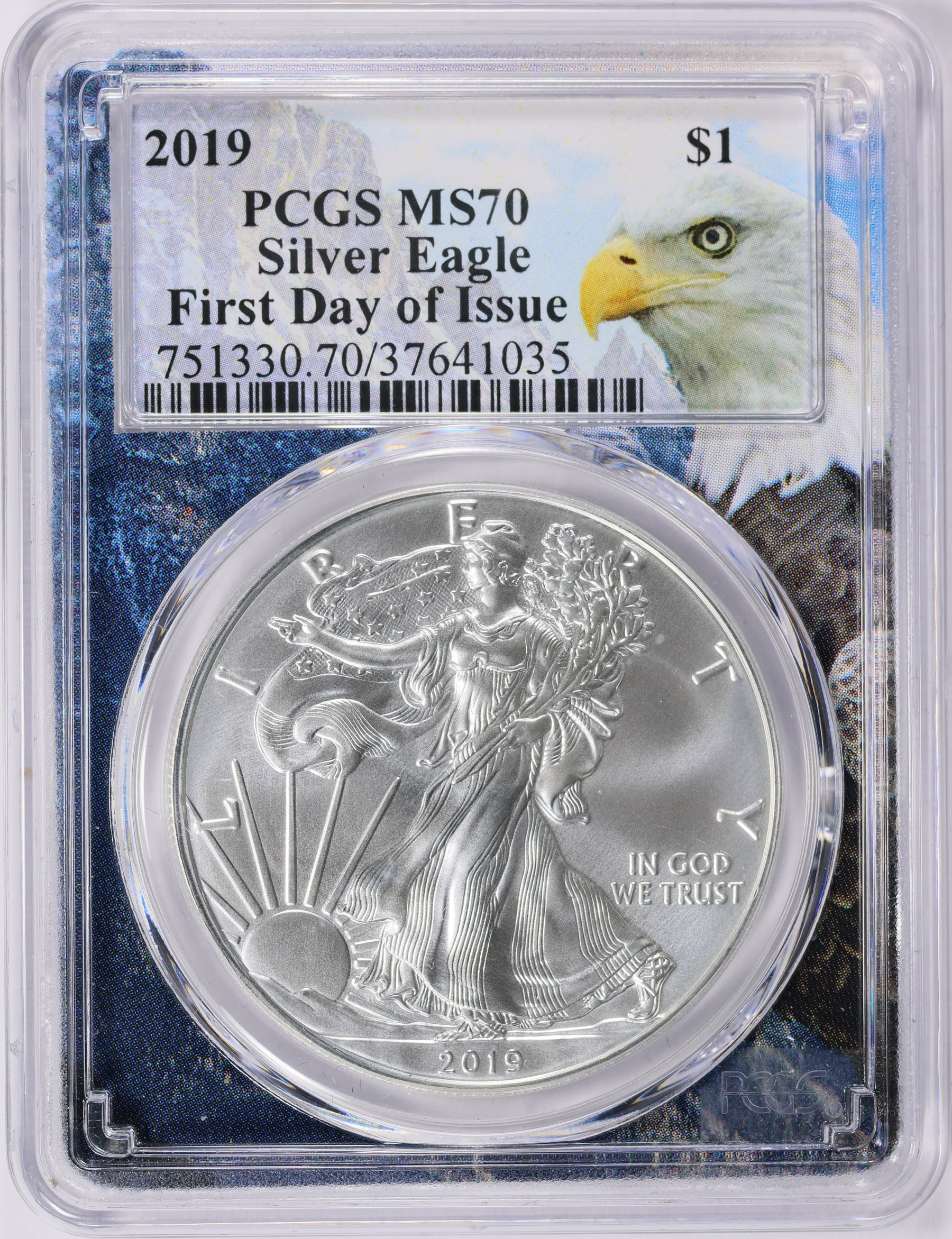 2019 $1 Silver Eagle First Day of Issue PCGS MS-70 (Eagle Frame Holder ...