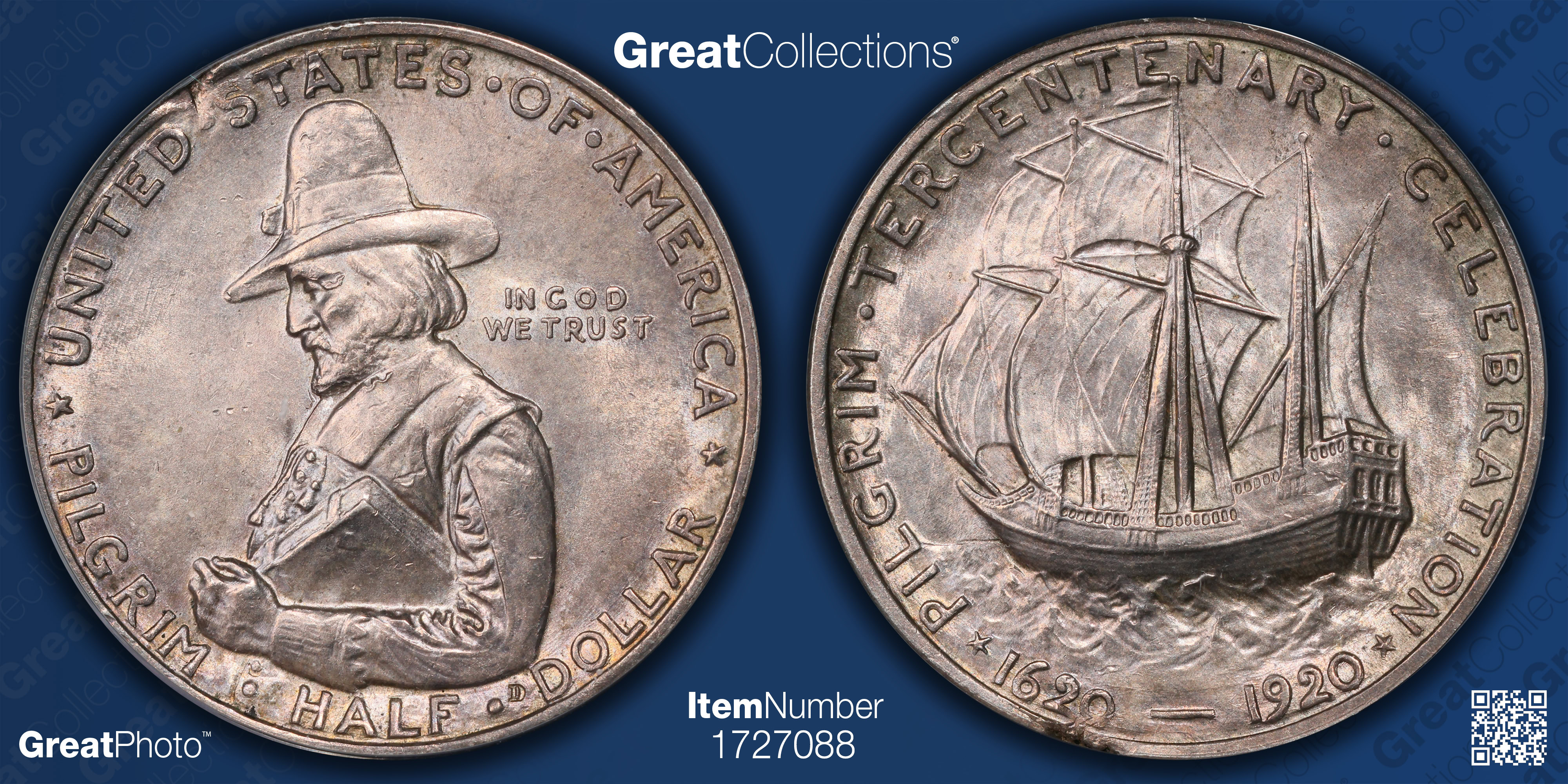 Mint Error 1920 Pilgrim Half Dollar Planchet Defect ANACS AU-58 (12 ...