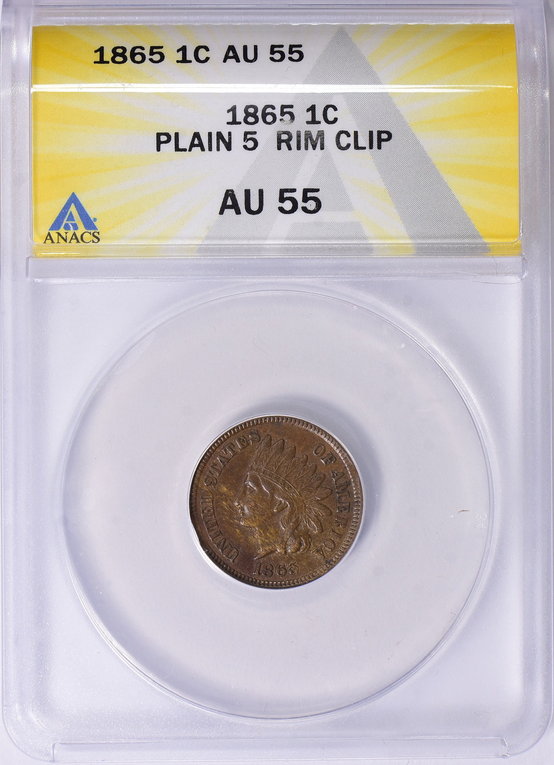 Mint Error 1865 Indian Cent Plain 5 Rim Clip ANACS AU-55 | ANACS Cert #7727824 ...
