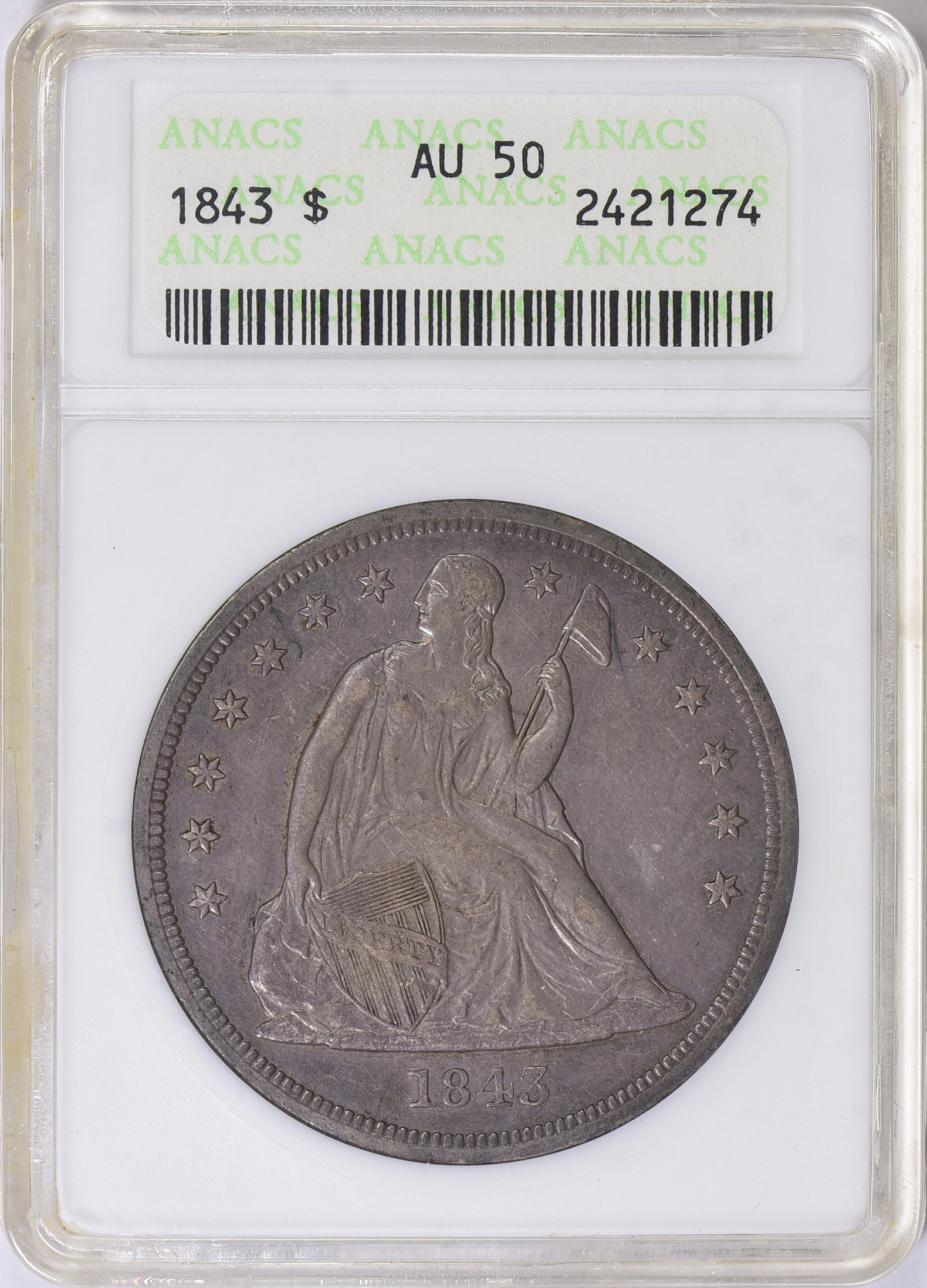1843 Seated Liberty Silver Dollar ANACS AU-50 OH (Toned) (Item 1727163) | GreatCollections Coin ...