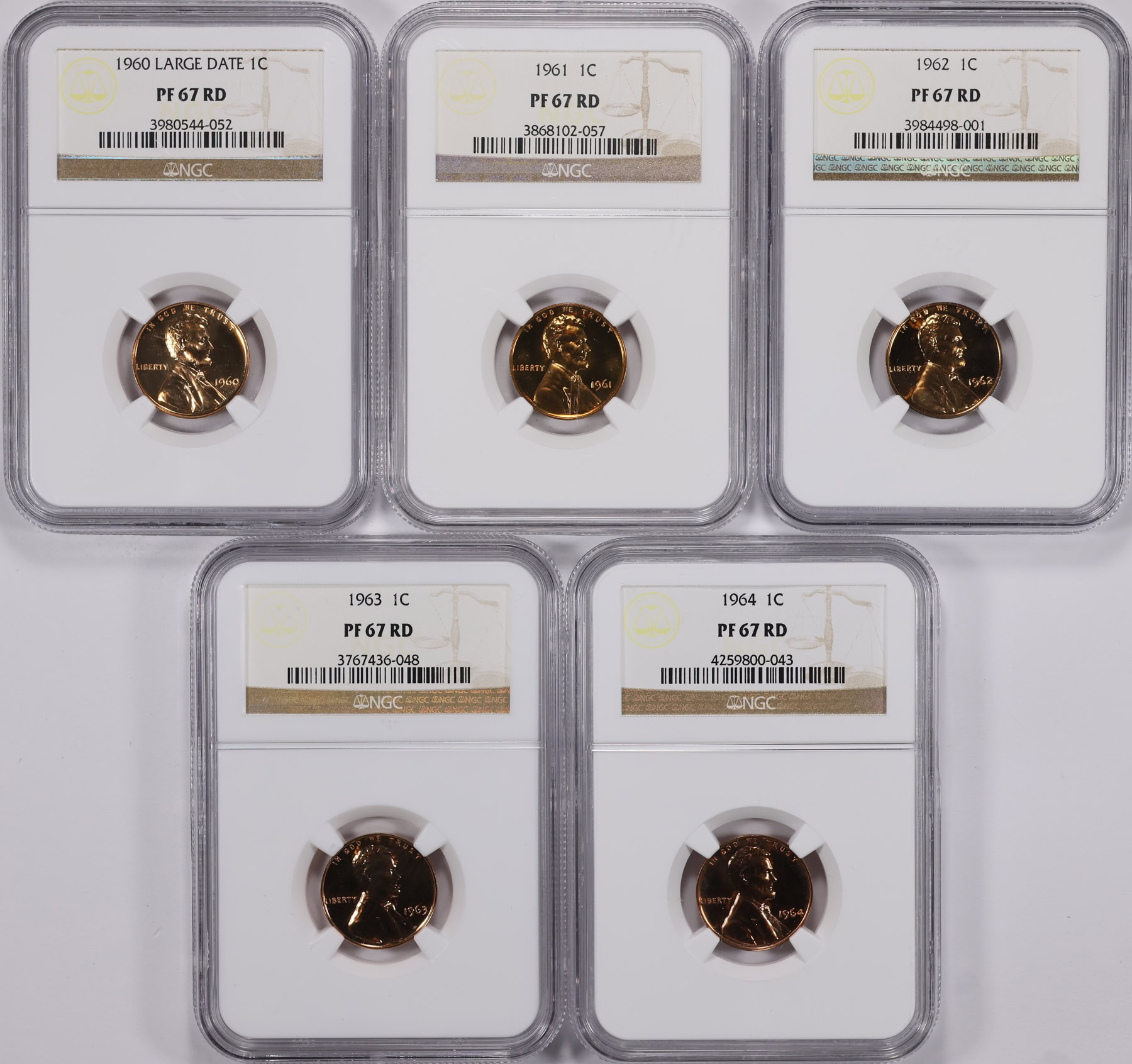 1955, 1956 (2), 1957, 1959, 1960 Large Date, 1961, 1962, 1963 and 1964 Lincoln Cent NGC Proof-67 ...