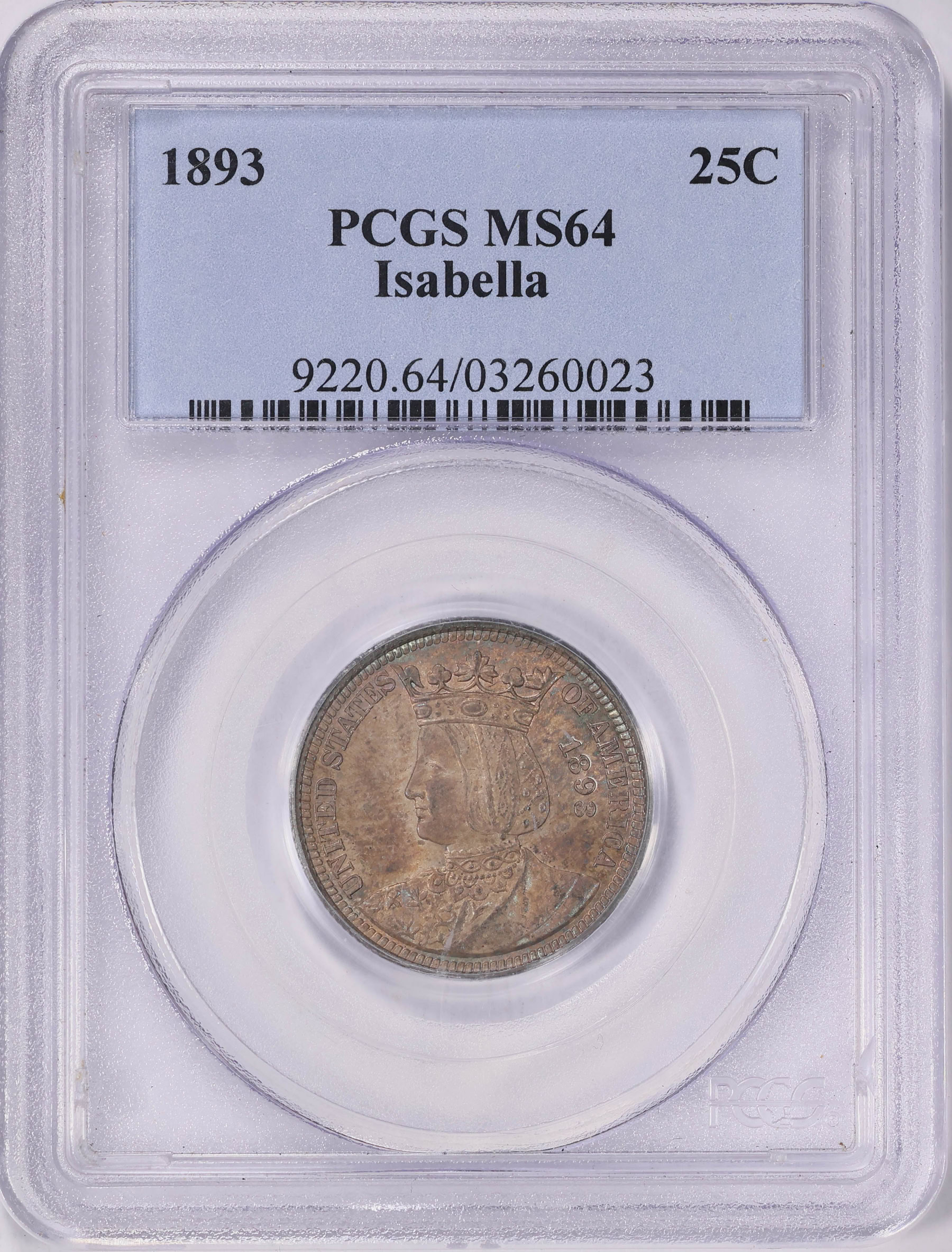 1893 World Columbian Exposition, Isabella Quarter PCGS MS-64 (Toned ...