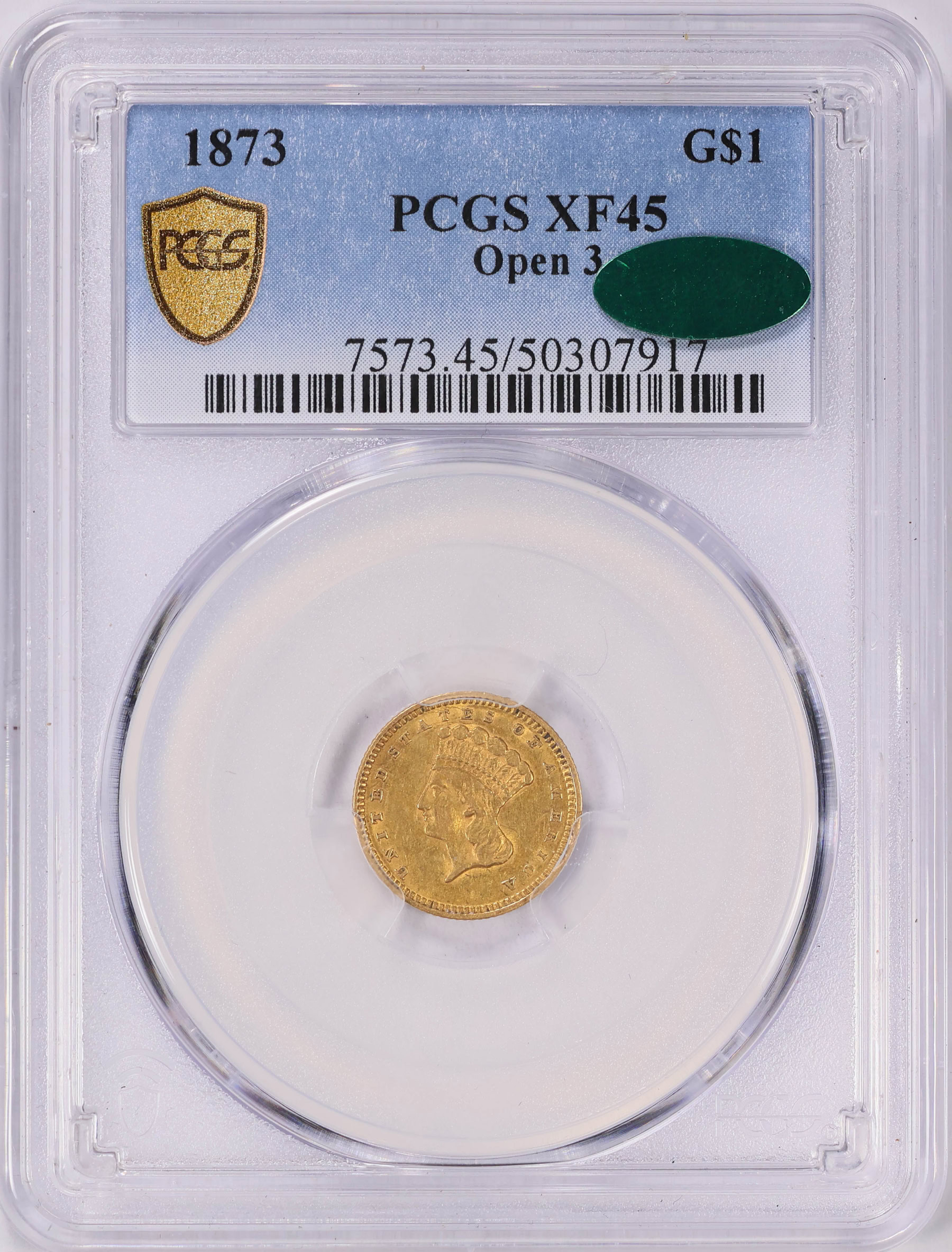 1873 Indian Princess Gold Dollar Open 3 PCGS XF-45 (CAC Green) (Item ...