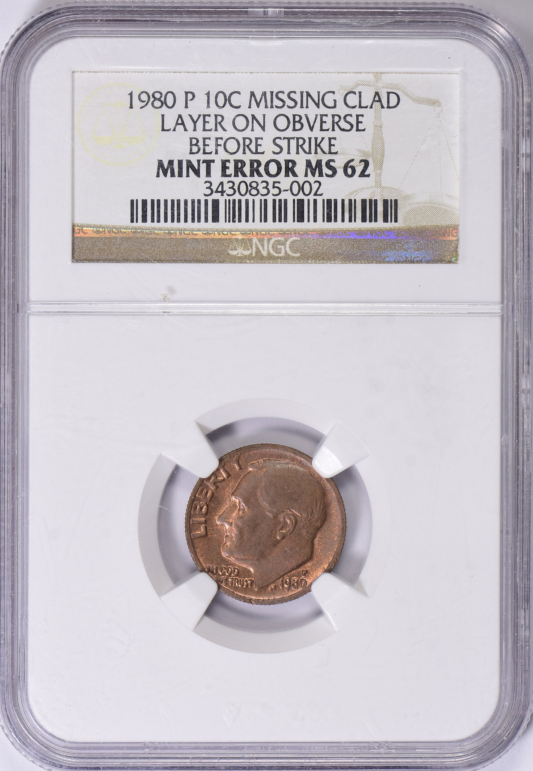 Mint Error 1980-P Roosevelt Dimae Missing Clad Layer on Obverse Before Strike NGC MS-62 | NGC ...